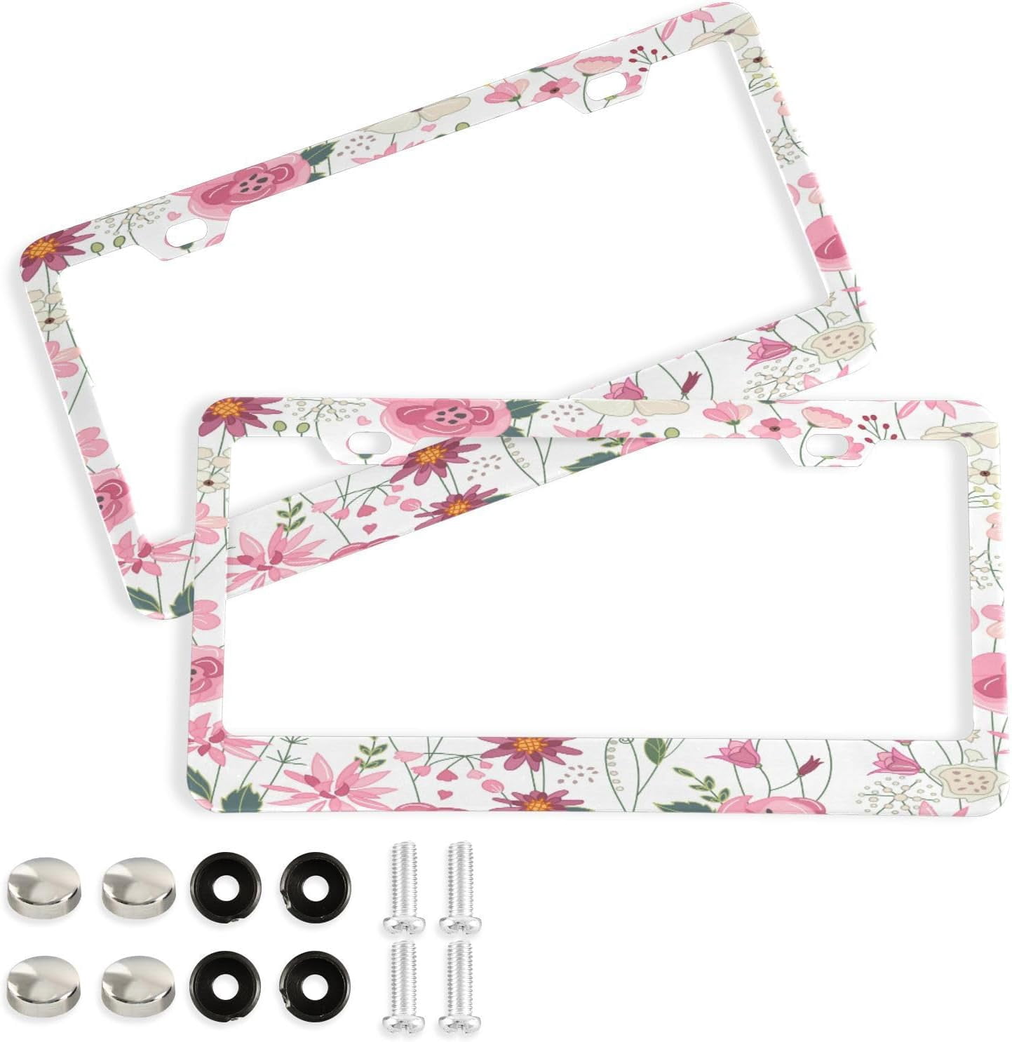 GZHJMY Pink Flowers License Plate Frame 2 Pack 2 Holes Car Aluminum ...