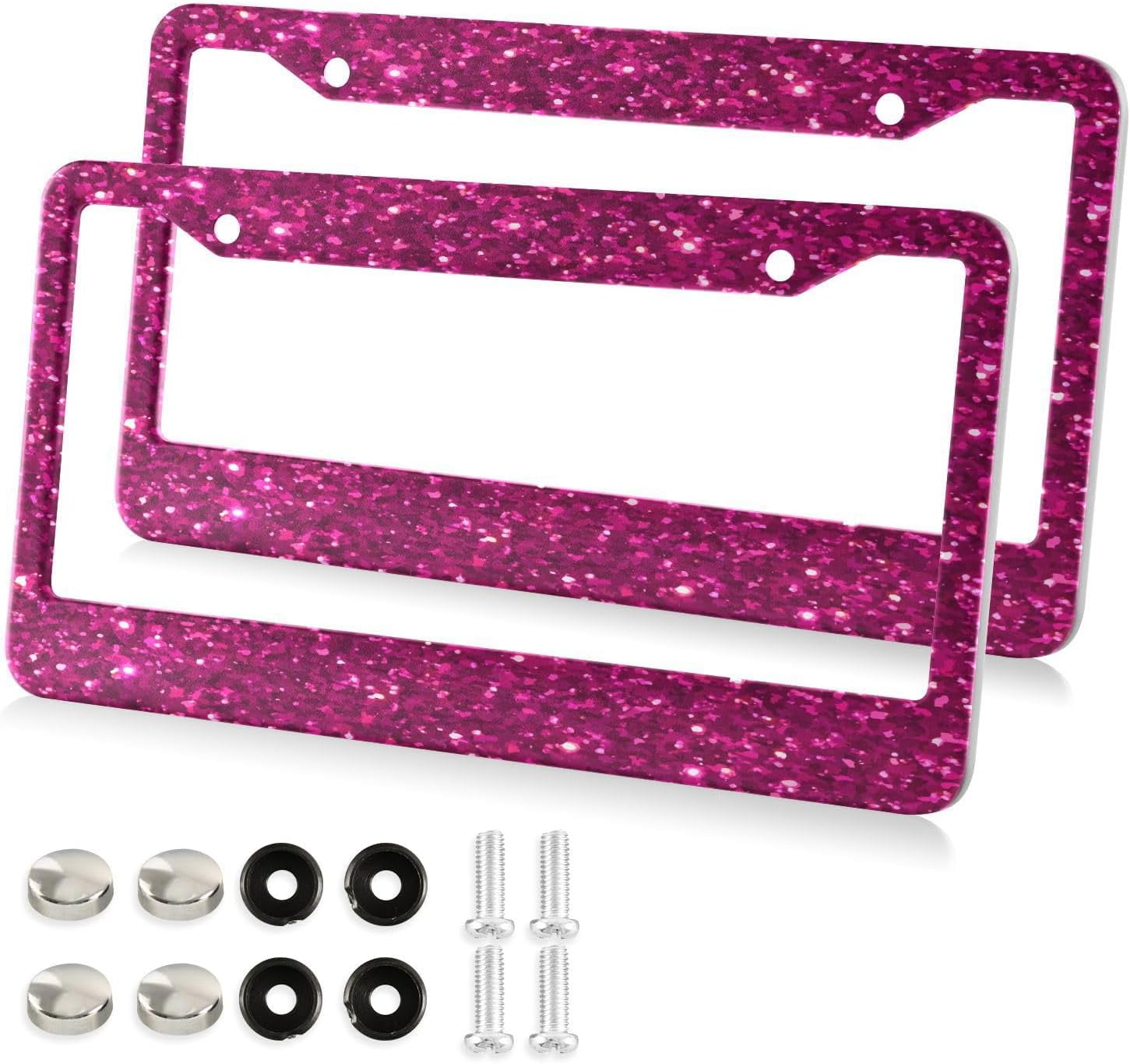 GZHJMY Pink Glitter Texture License Plate Frame 2 PCs Universal ...