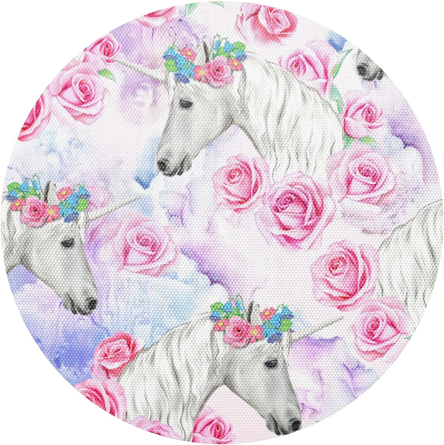 GZHJMY Pink Roses Unicorn Round PVC Placemats Set of 1, Kitchen Dining ...