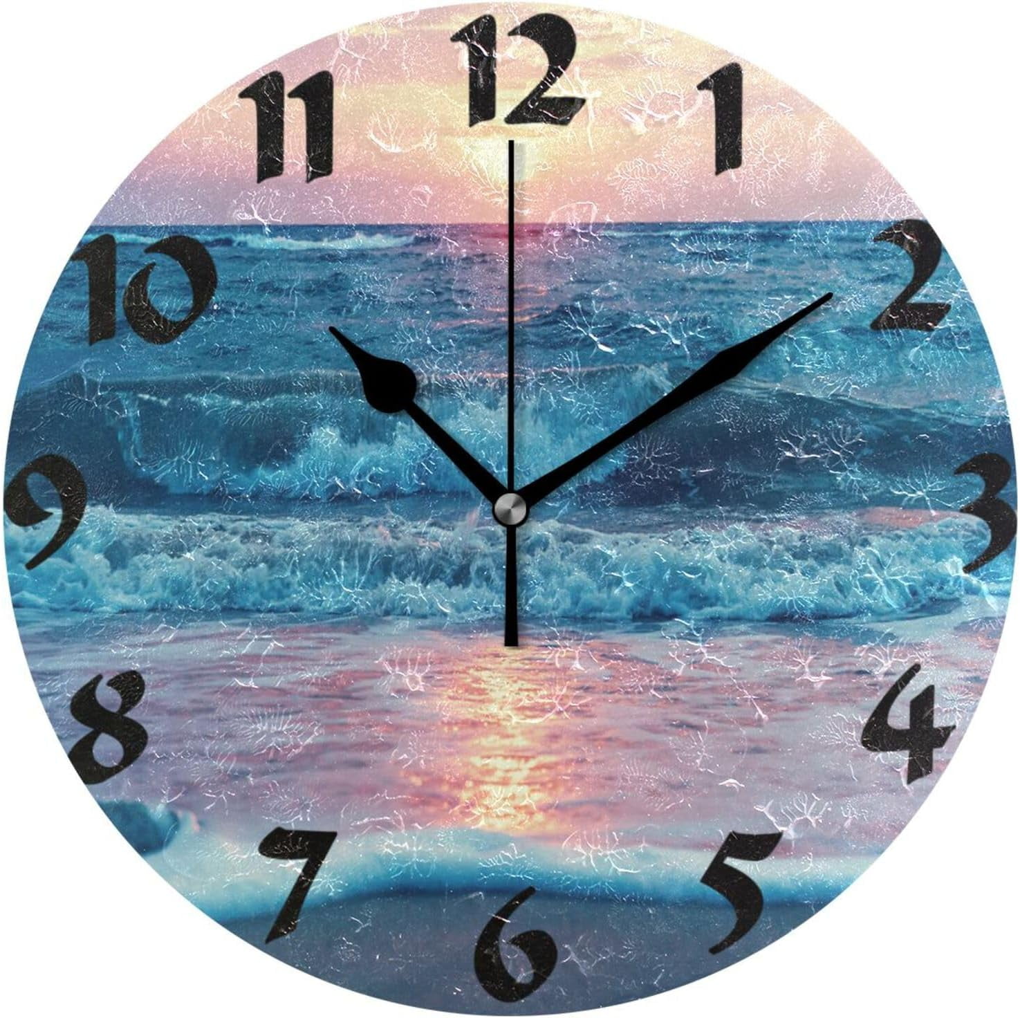 GZHJMY Pink Summer Beach Sunset Wall Clock,Silent Non Ticking 10 Inch Battery Operated Round PVC ...