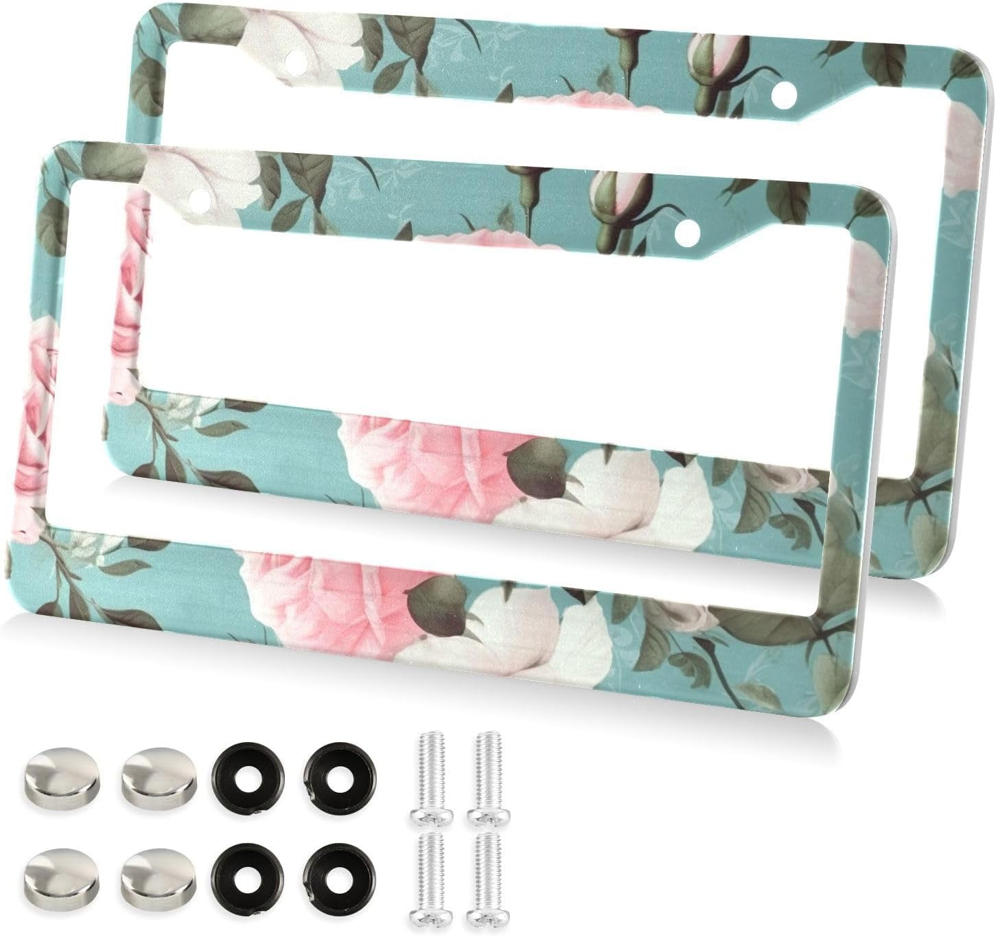 GZHJMY Pink White Roses License Plate Frames 2 Pack Aluminum License ...
