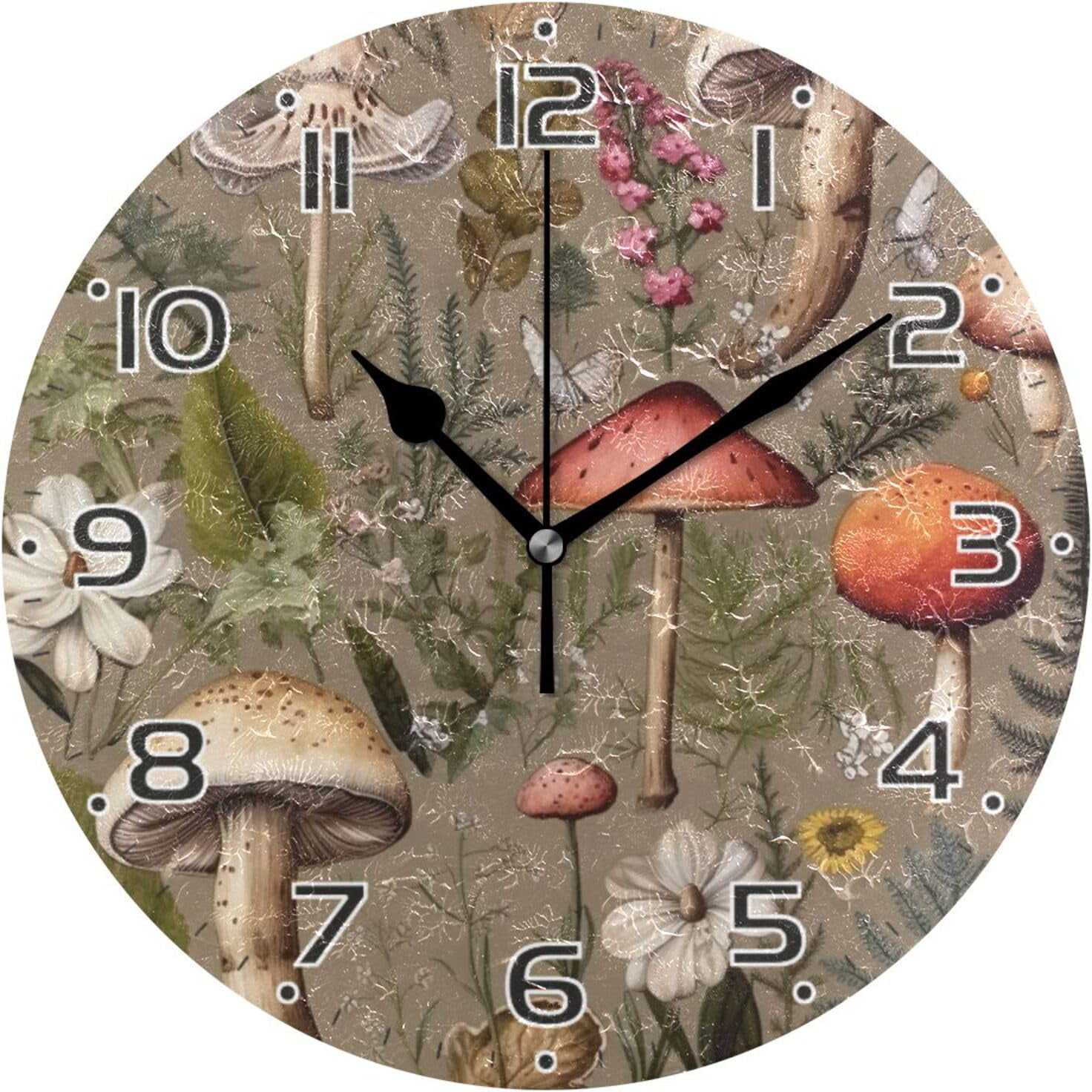 GZHJMY Plants & Mushrooms Clock Silent Round Wall Clock Non Ticking ...