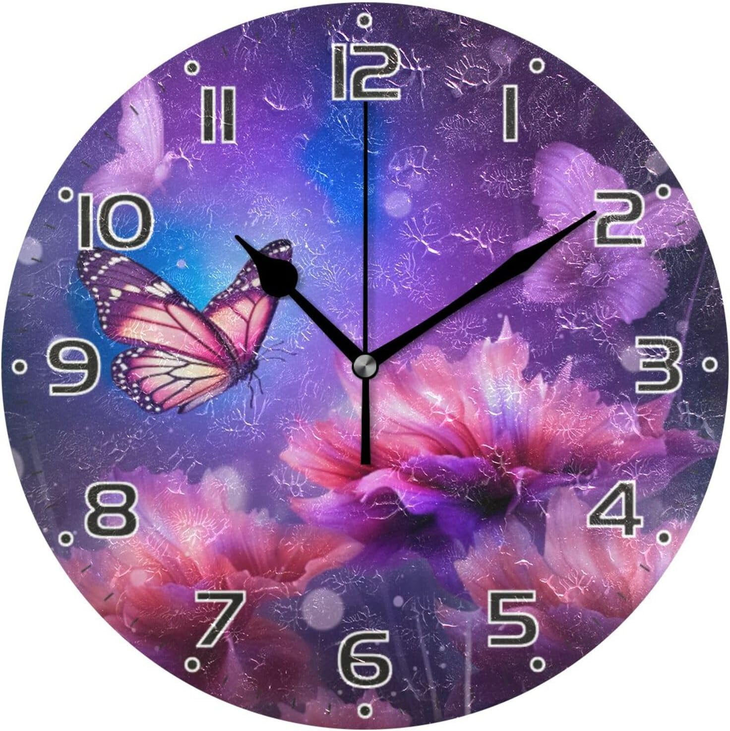 GZHJMY Purple Butterfly Flowers Clock Silent Round Wall Clock Non ...