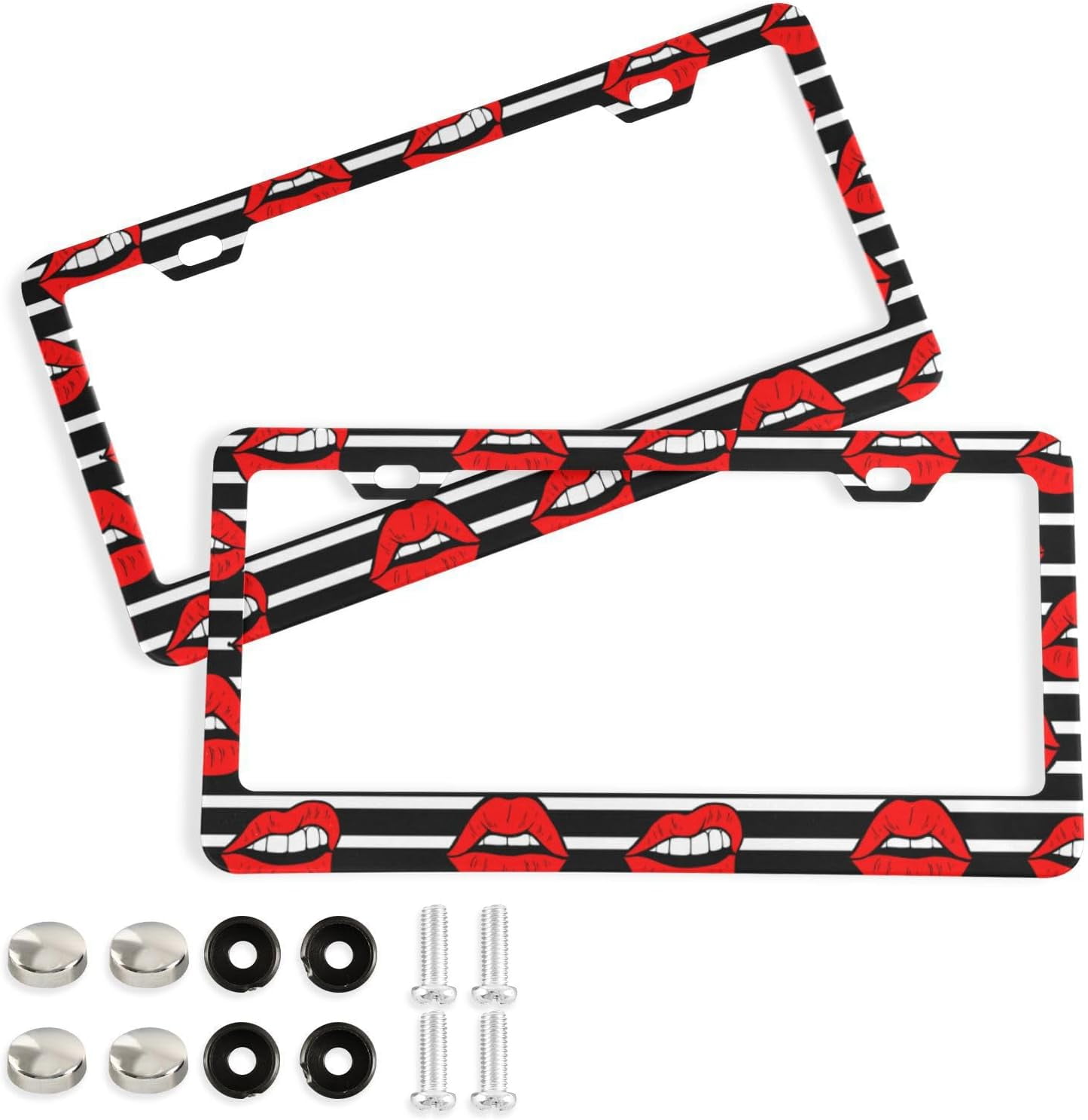 GZHJMY Red Lips Black and White Stripes License Plate Frames for Women ...