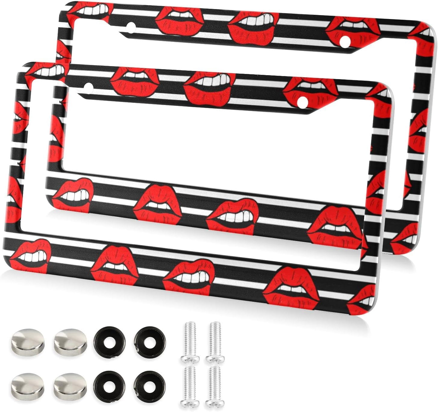GZHJMY Red Lips Black and White Stripes License Plate Frames for Women ...