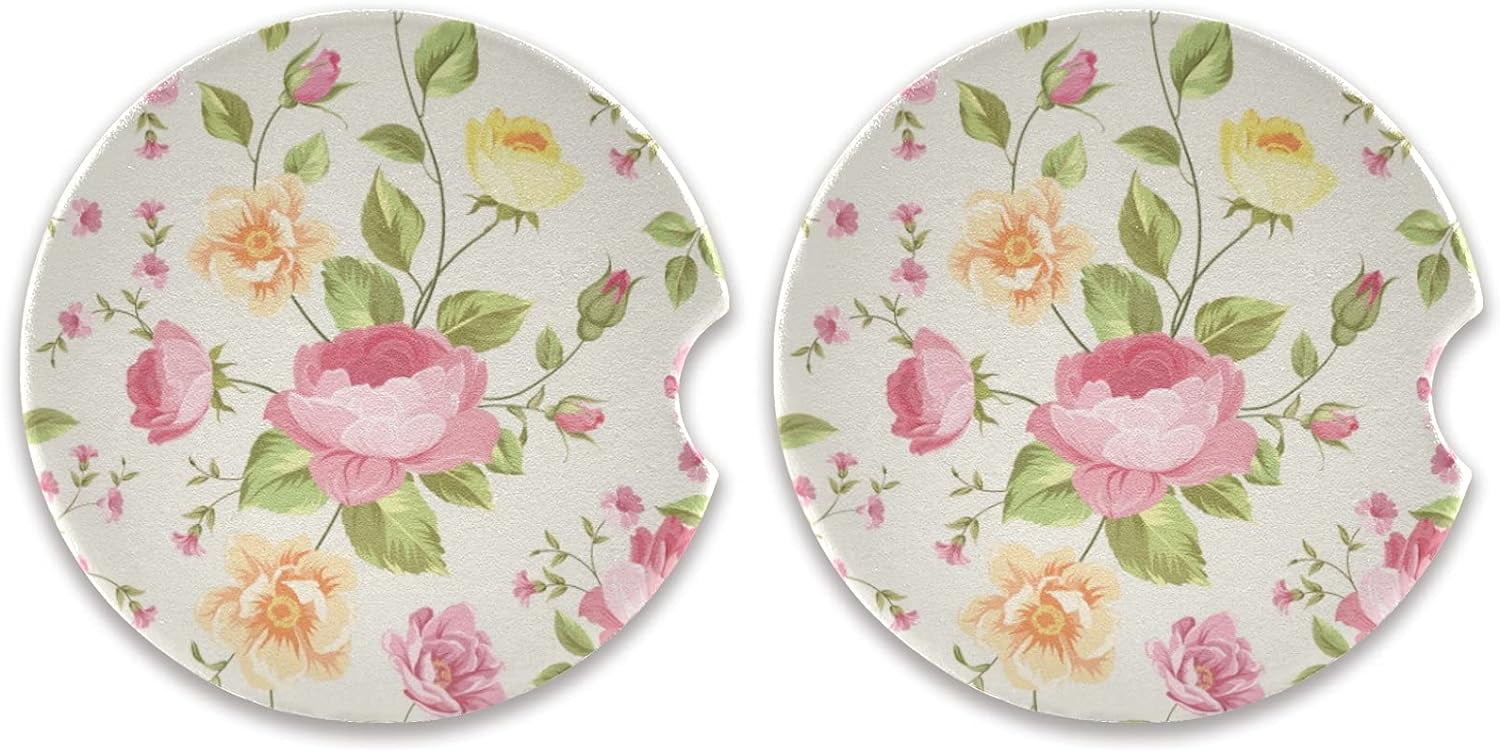 GZHJMY Red and White Flowers Car Coasters 2 Pieces, Absorbent Ceramic ...
