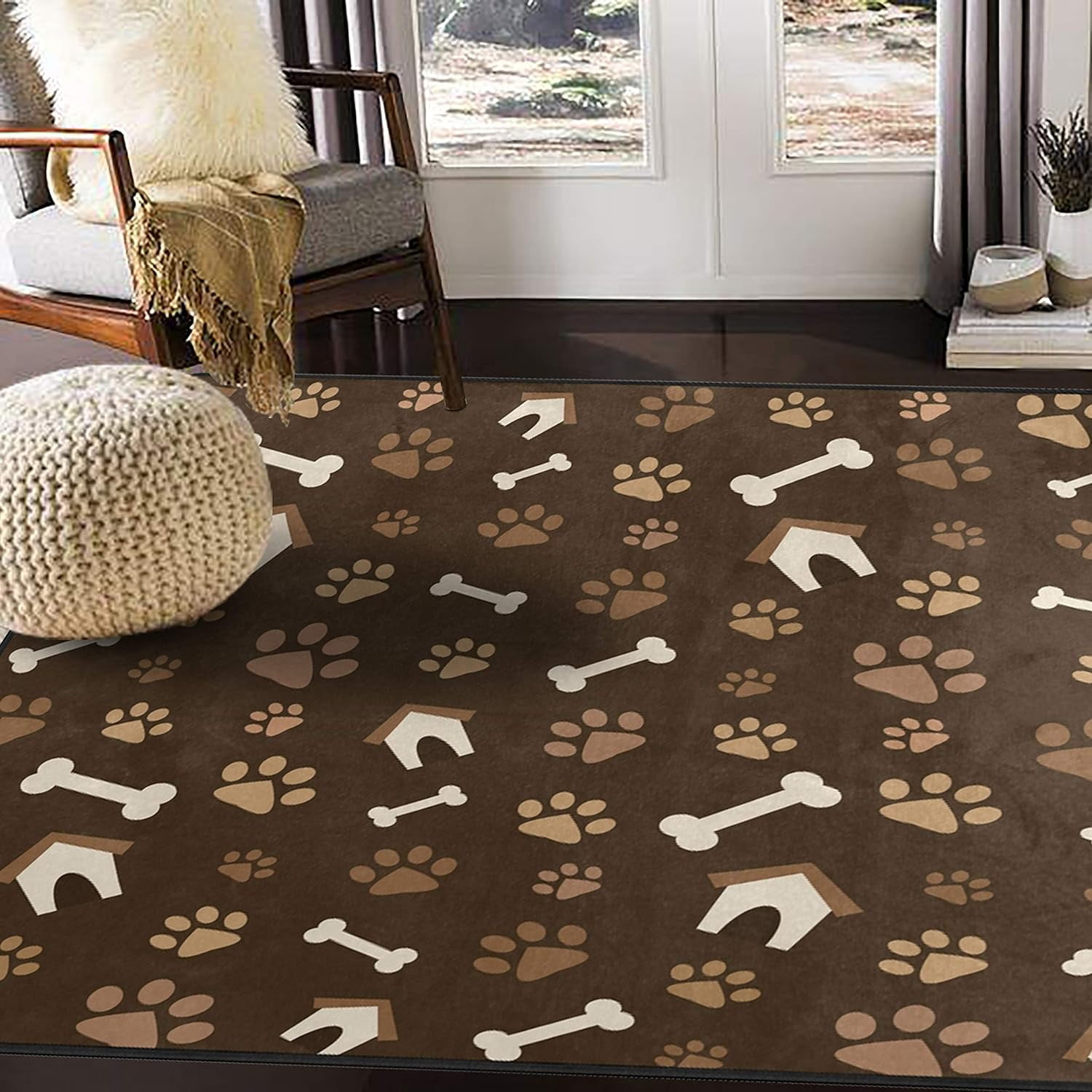GZHJMY Retro Cartoon House Footprint Dog Paw Print Area Rug Living Room ...
