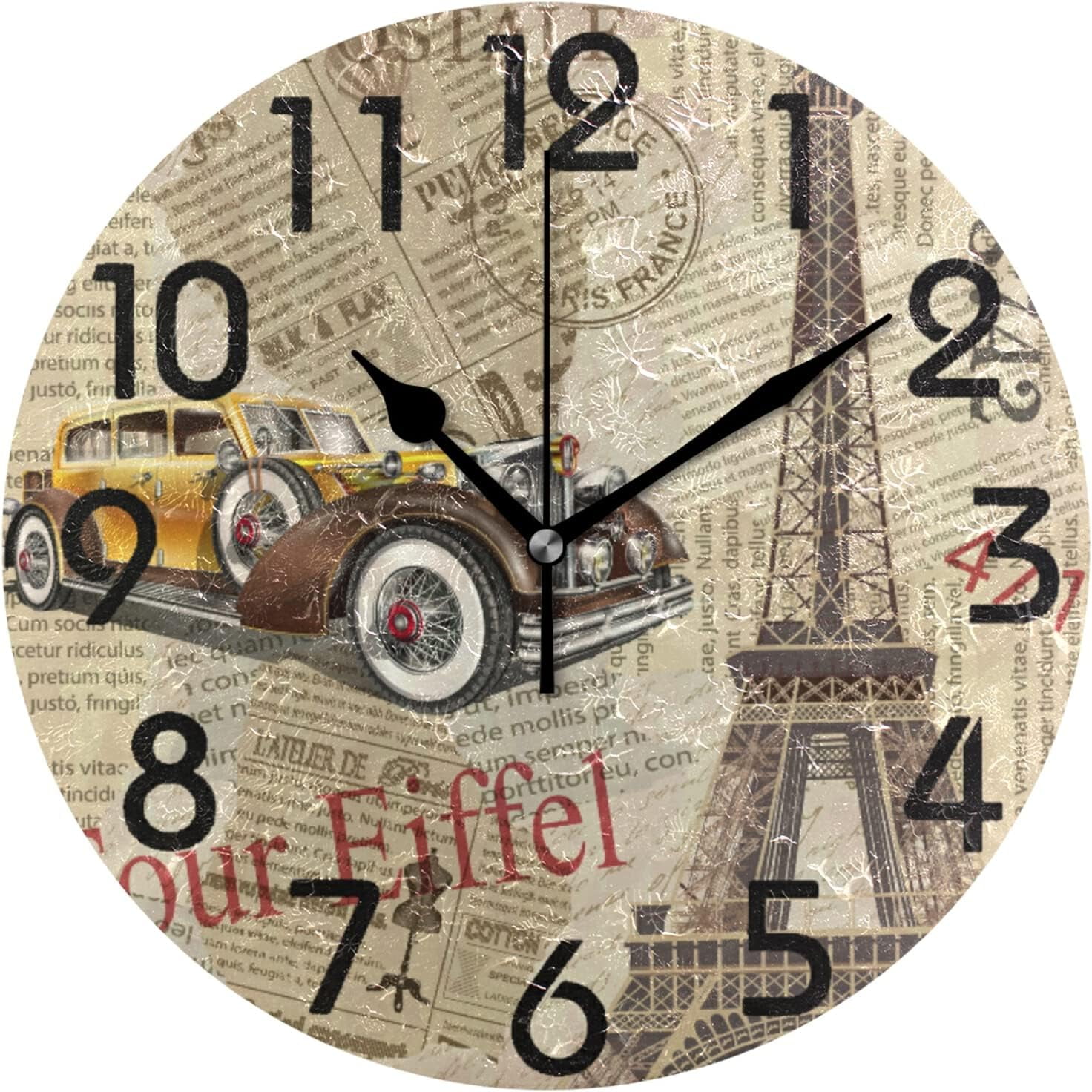GZHJMY Retro Paris Newspaper Eiffel Tower Car Round Wall Clock, 9.5 ...