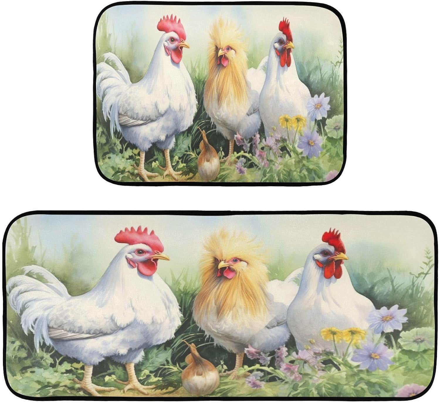 GZHJMY Rooster Flower Kitchen Rug Set of 2 Non Slip Washable Cushioned ...
