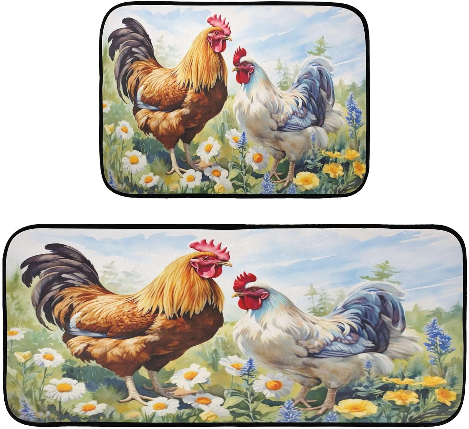 GZHJMY Rooster Flower Kitchen Rug Set of 2 Non Slip Washable Cushioned ...