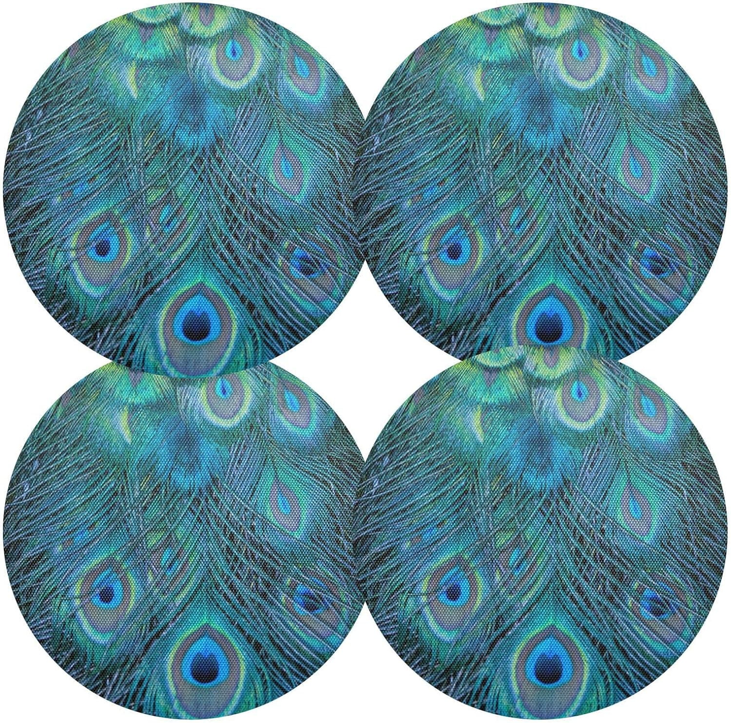 GZHJMY Round Braided Placemats Set of 6 Blue Peacock Feathers Round PVC ...