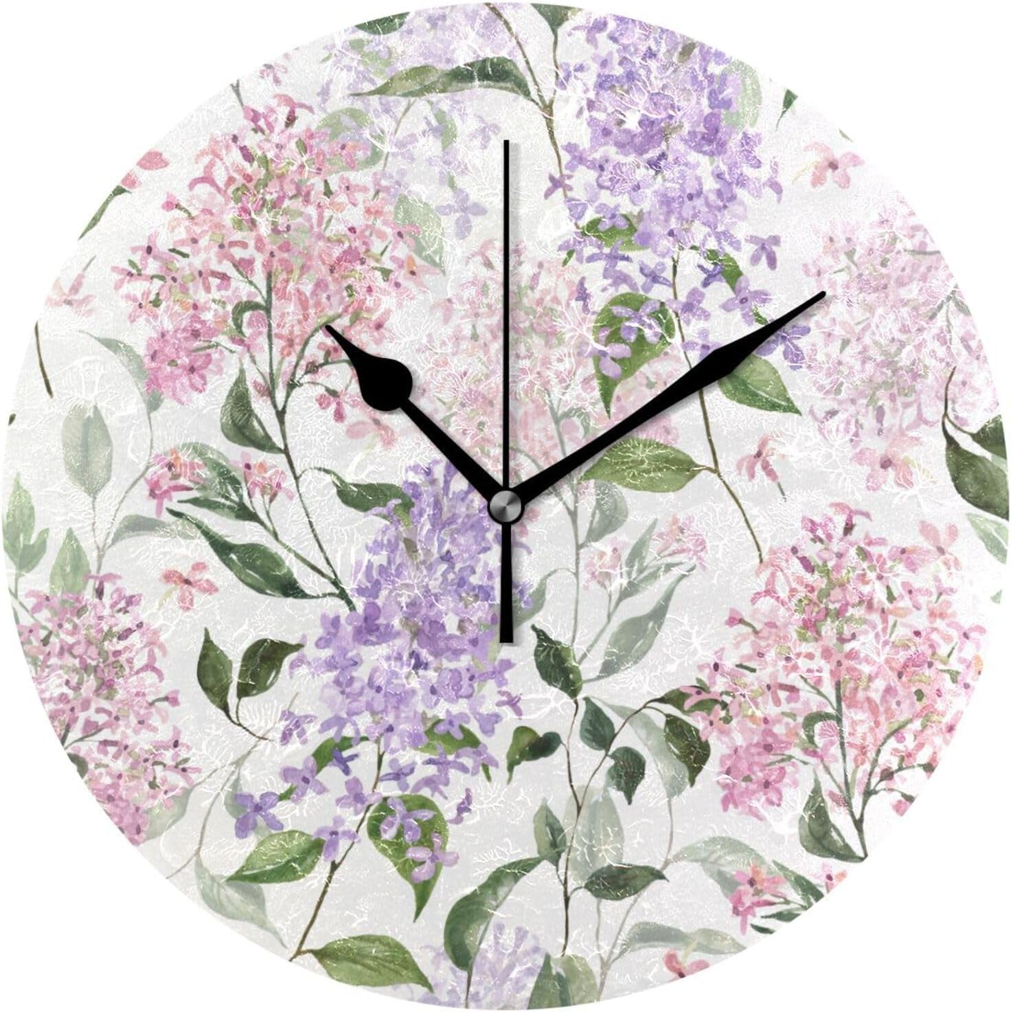 GZHJMY Round Digital Clock Beautiful Lilacs Pattern Creative Decorative ...