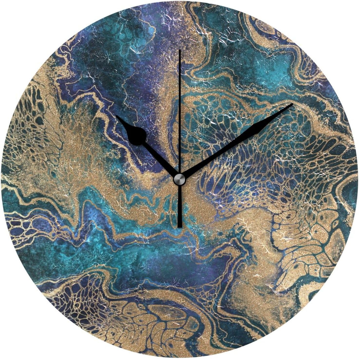 GZHJMY Round Digital Clock Blue Gold Marbling Creative Decorative Quiet ...
