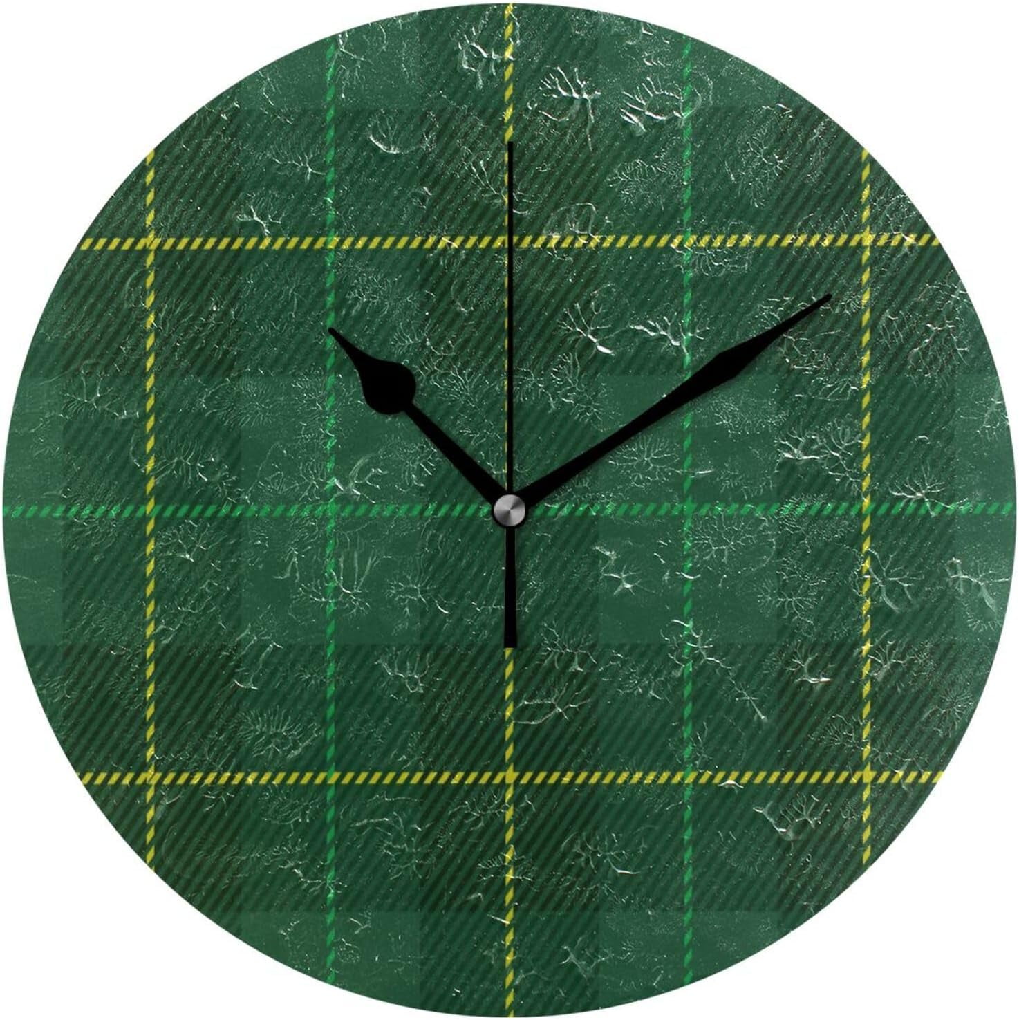 GZHJMY Round Digital Clock Dark Green Tartan Plaid Creative Decorative ...