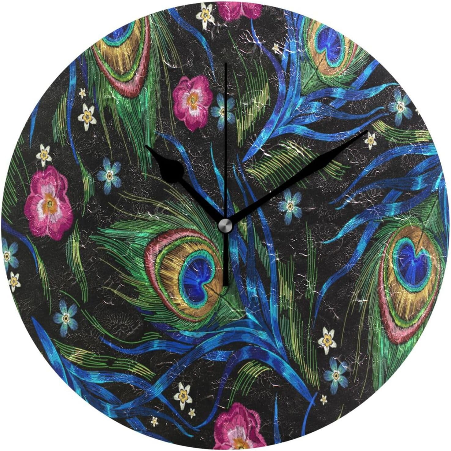 GZHJMY Round Digital Clock Peacock Feathers and Flowers Creative ...