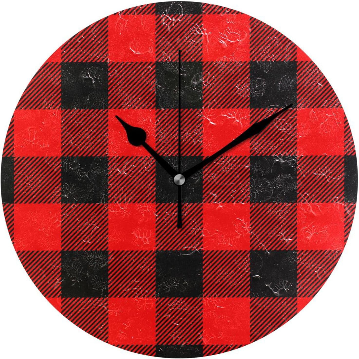 GZHJMY Round Digital Clock Red Buffalo Plaid Creative Decorative Quiet ...
