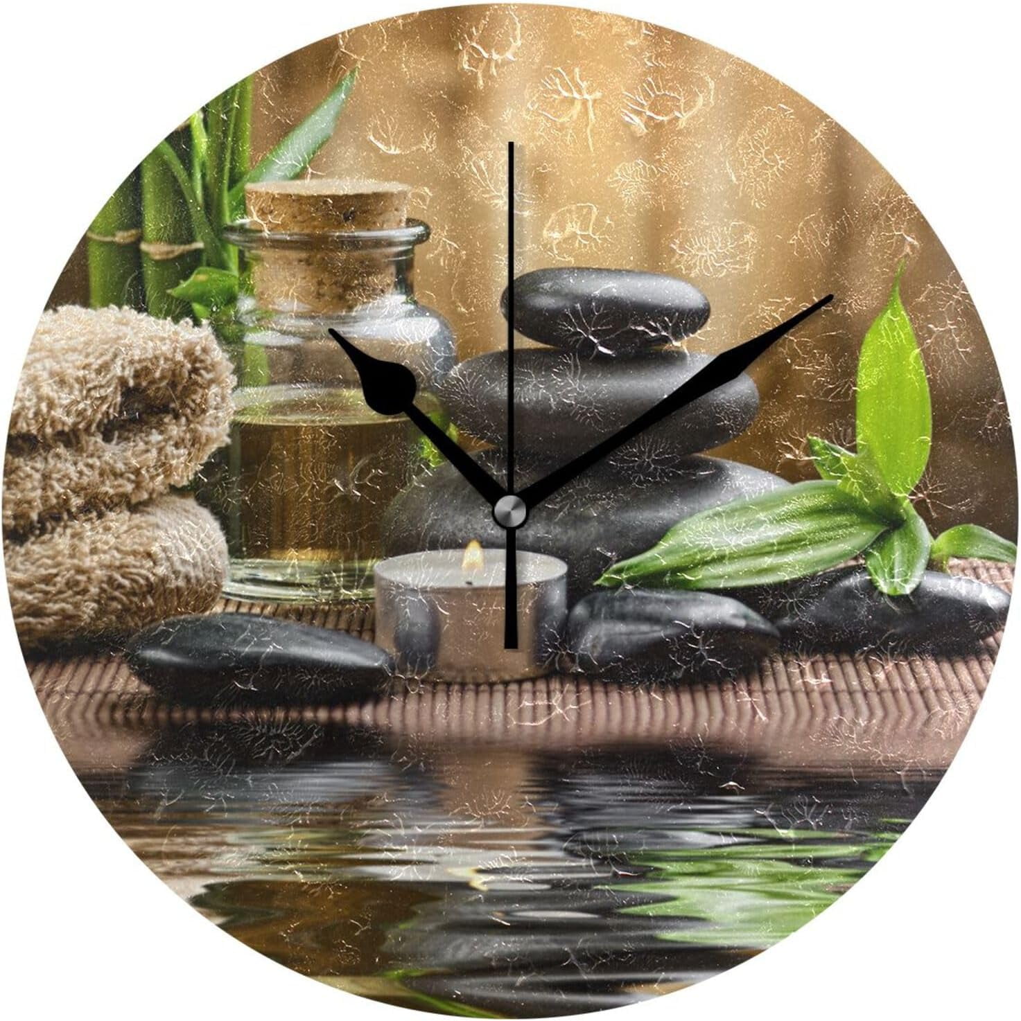 GZHJMY Round Digital Clock Zen Basalt Stones on Wood Creative ...