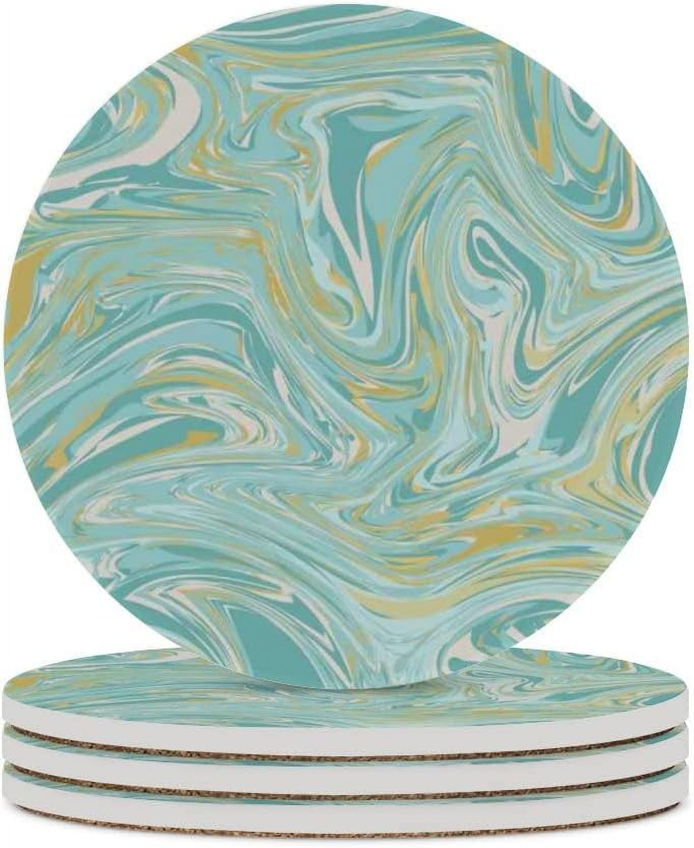 GZHJMY Round Drink Coasters, 4 Pcs Abstract Aqua Wave Marble Absorbent ...