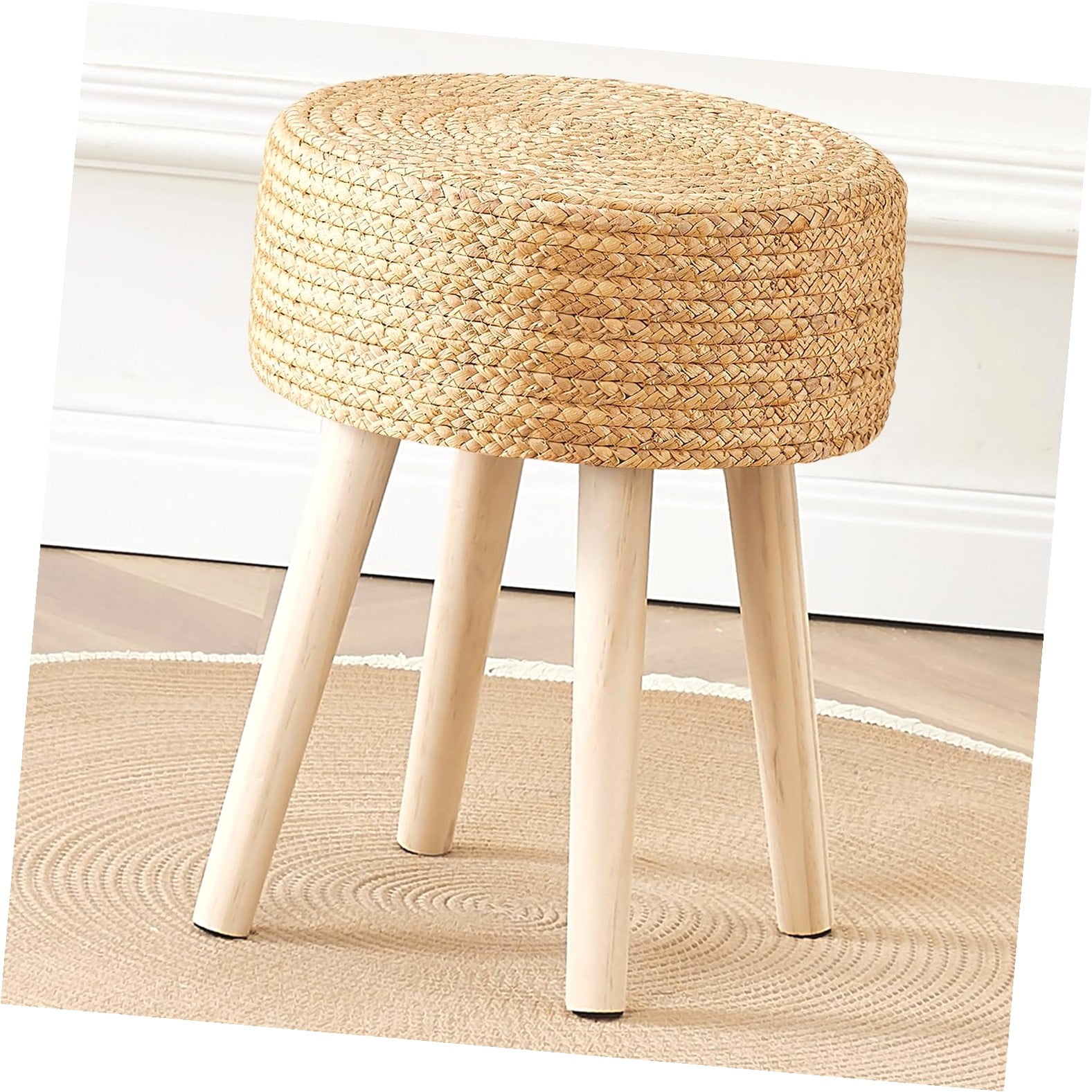 GZHJMY Round Ottoman Footstool with Wood Legs, Hand-Woven Hyacinth and ...
