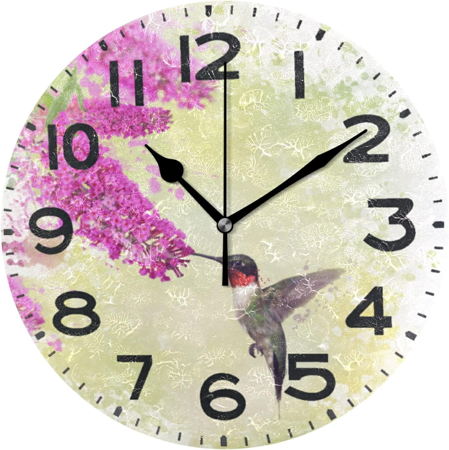 GZHJMY Ruby Throated Hummingbird Flowers Round Wall Clock, 9.5 Inch ...