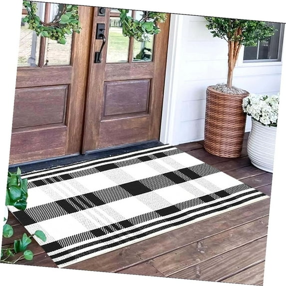 GZHJMY Rug Doormat 2' 4.3', /White Checkered Porch Rug, Hand-Woven ...