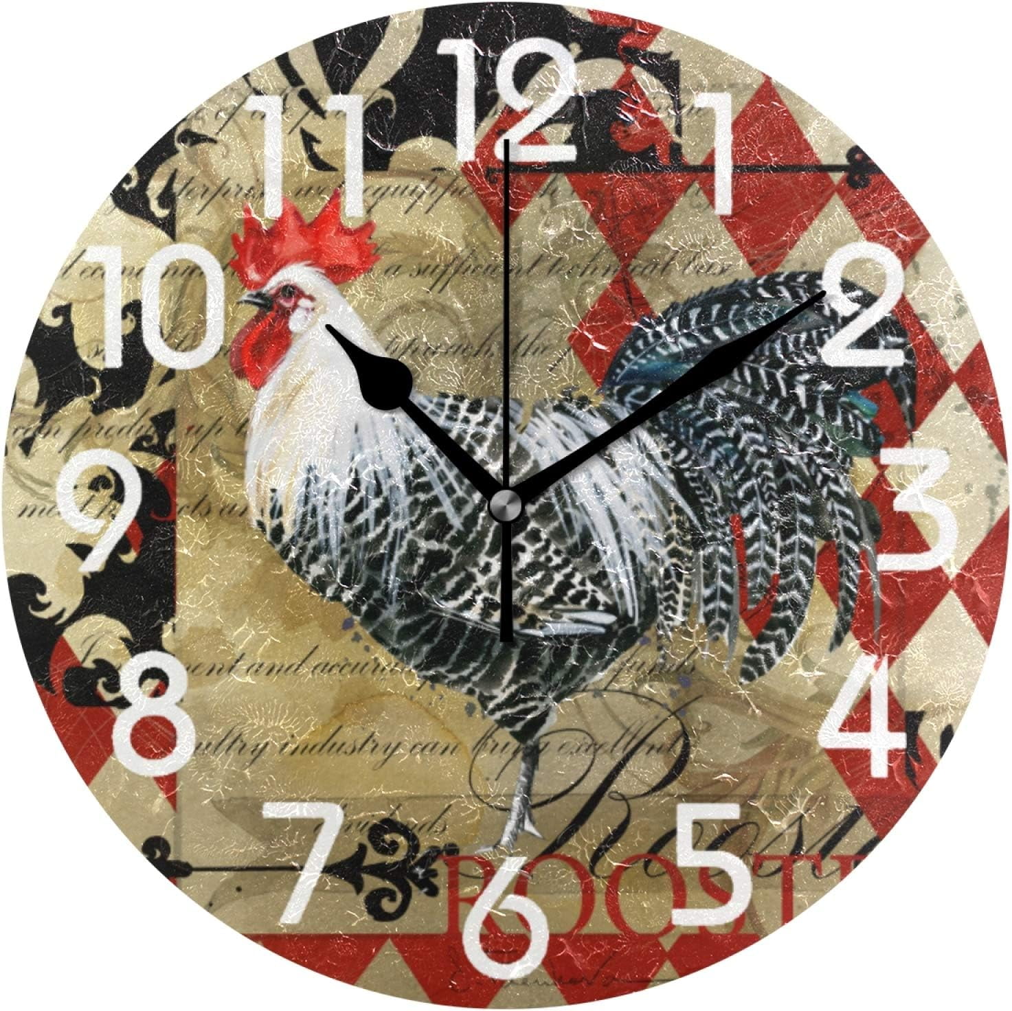 GZHJMY Rural Beautiful Rooster Vintage Round Wall Clock, 9.5 Inch ...
