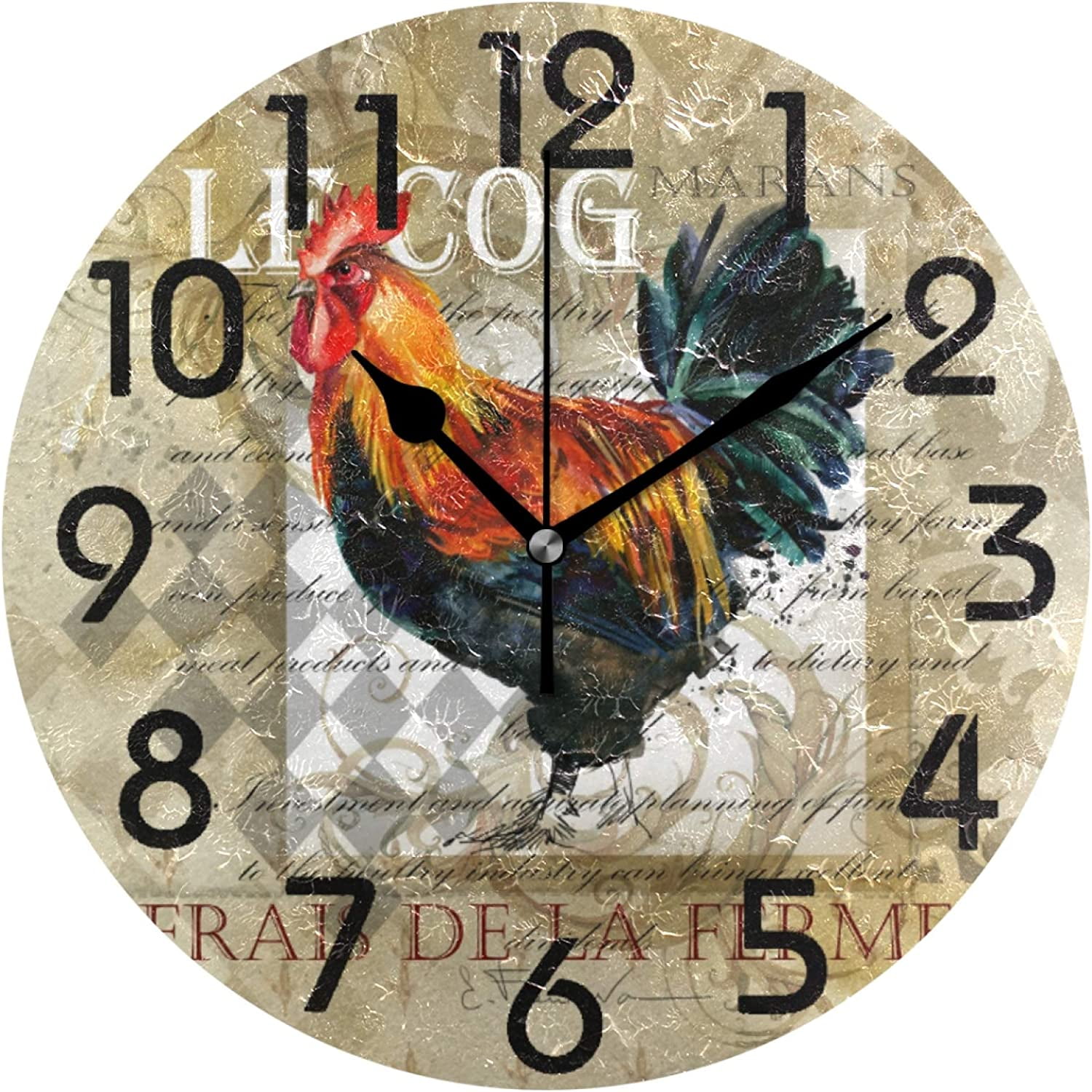 GZHJMY Rural Farm Rooster Vintage Round Wall Clock, 9.5 Inch Battery ...