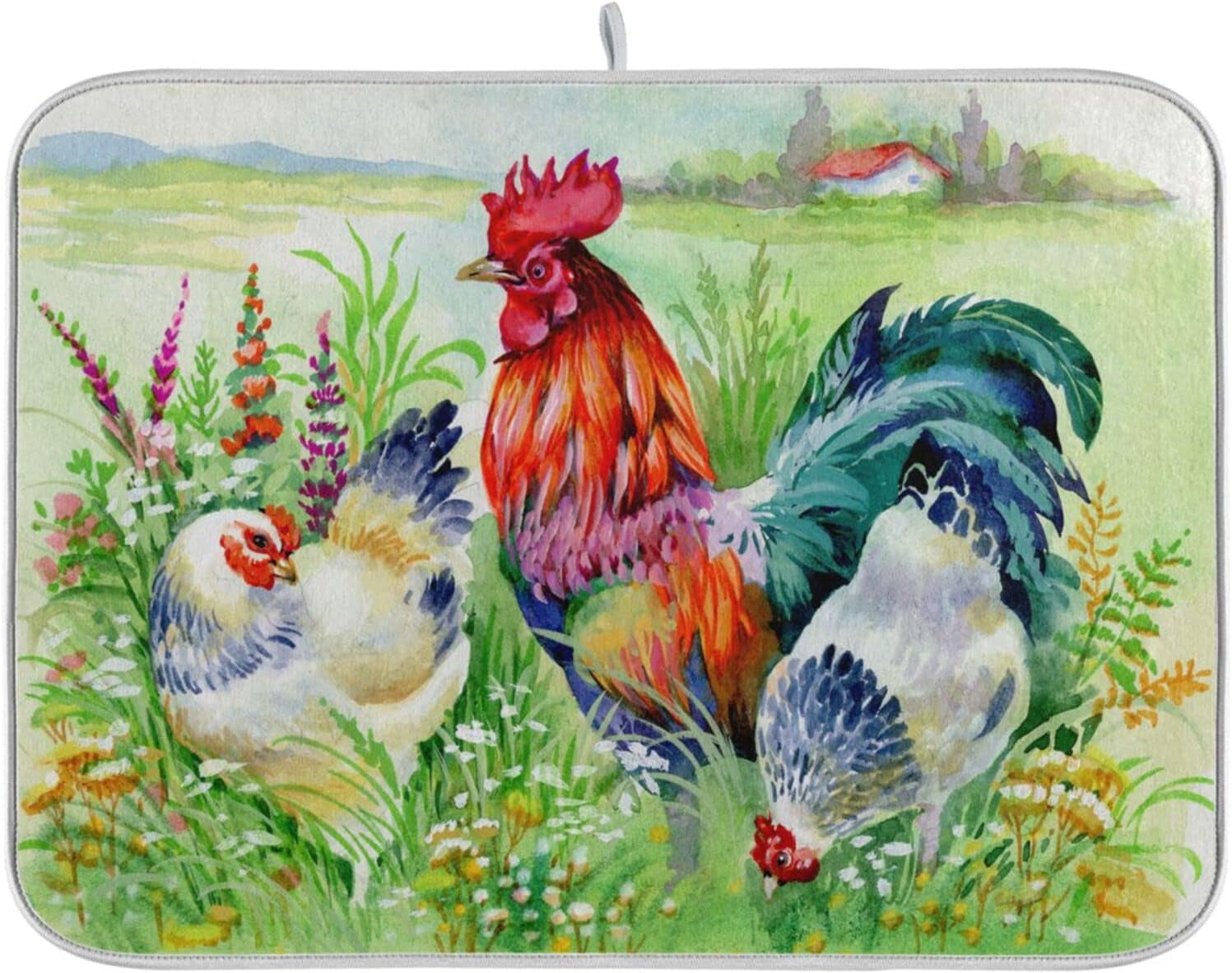 GZHJMY Rural Grass Chicken Rooster Easter Absorbent Dish Drying Mat Microfiber Kitchen ...