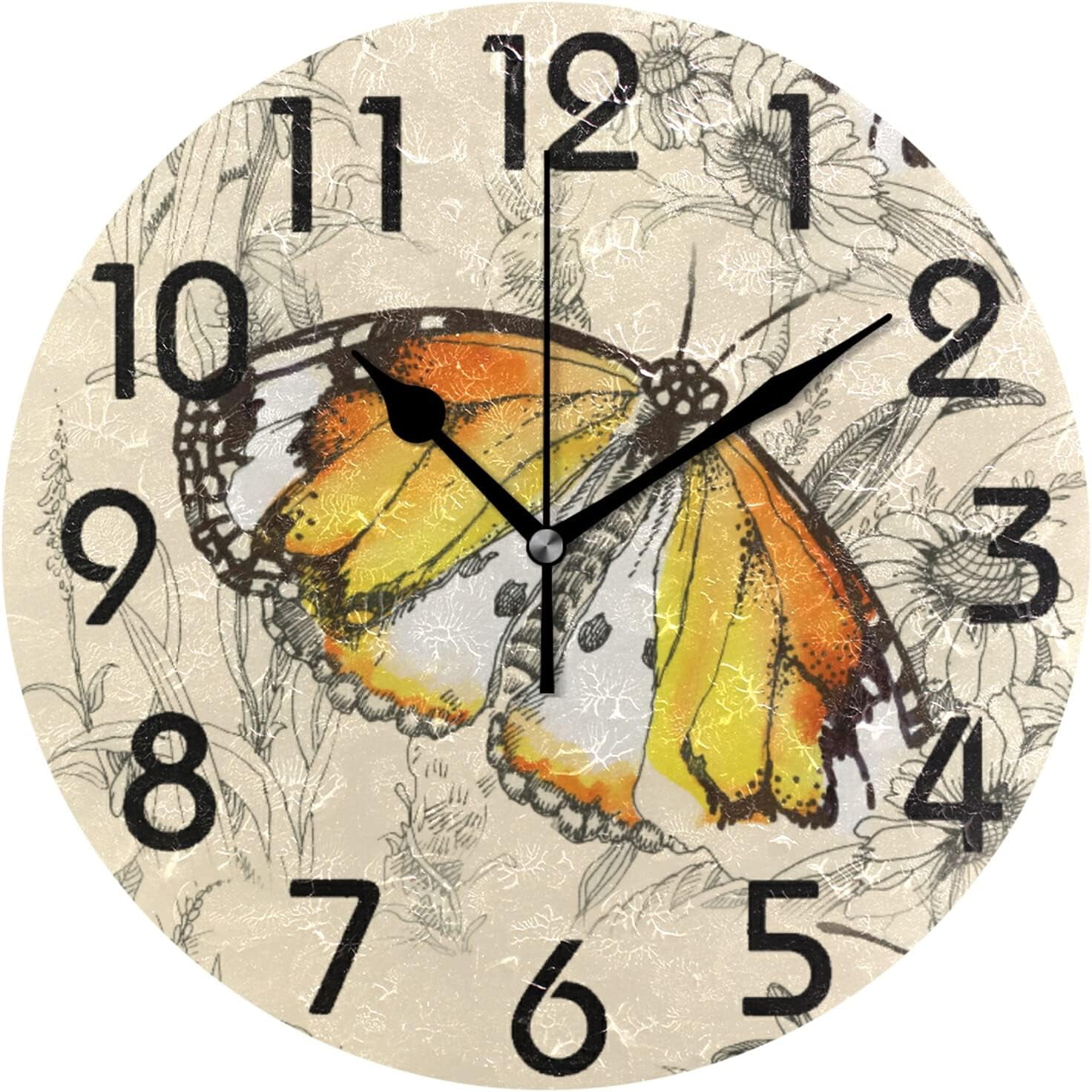 GZHJMY Rural Wild Flower Butterfly Round Wall Clock, 9.5 Inch Battery ...