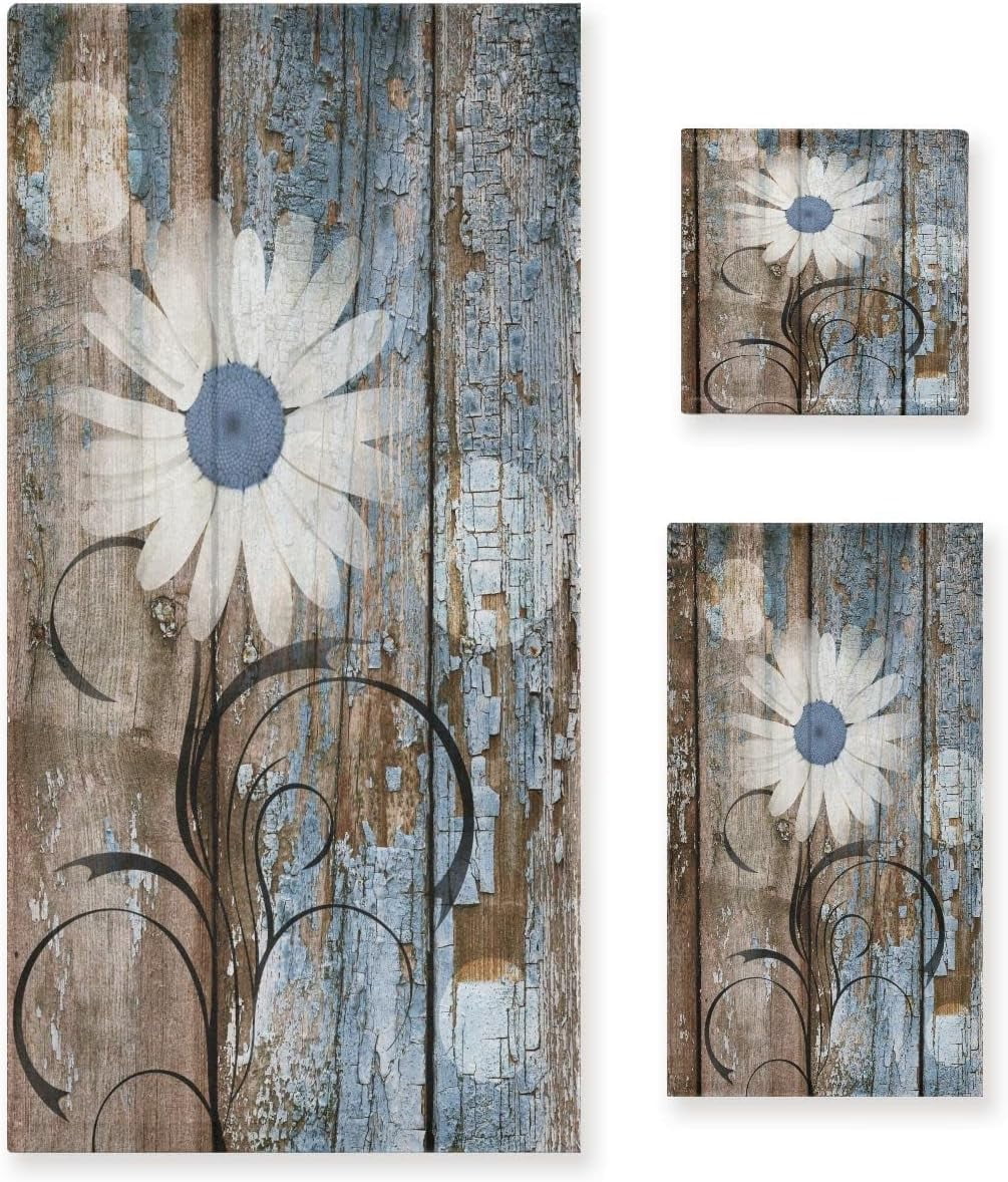GZHJMY Rustic Daisy Bath Towels Set Blue Brown Floral Farmhouse Spring ...