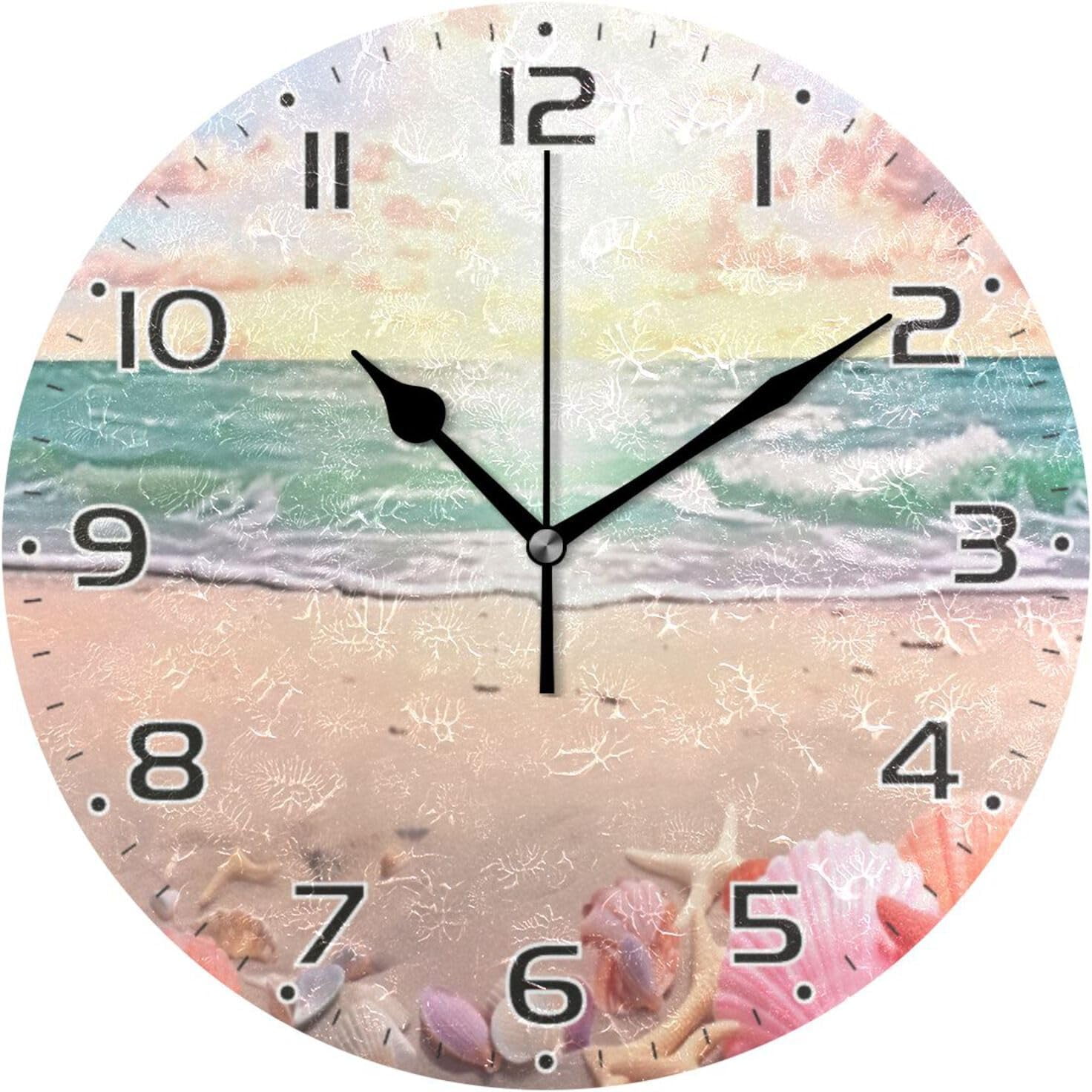 GZHJMY Sandy Beach Clock Silent Round PVC Wall Clock Non Ticking ...