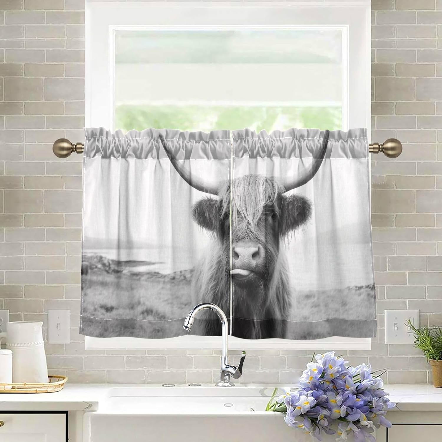 GZHJMY Scottish Highland Cow Half Window Tier Curtains 24 Inch Blackout ...