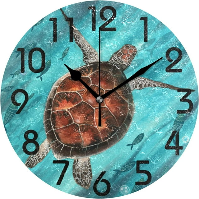 GZHJMY Sea Turtle Swimming with Fishes Round Wall Clock, 9.5 Inch ...