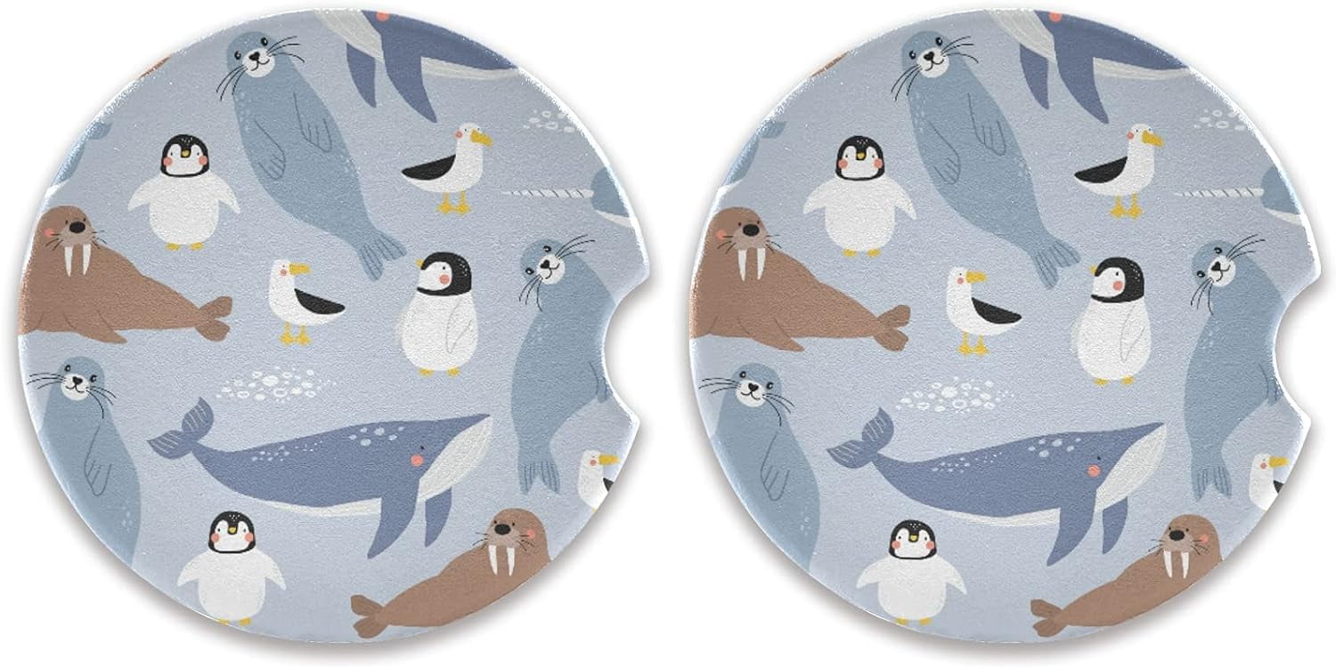 GZHJMY Seal Whales and Penguins Car Coasters 2 Pieces, Absorbent ...
