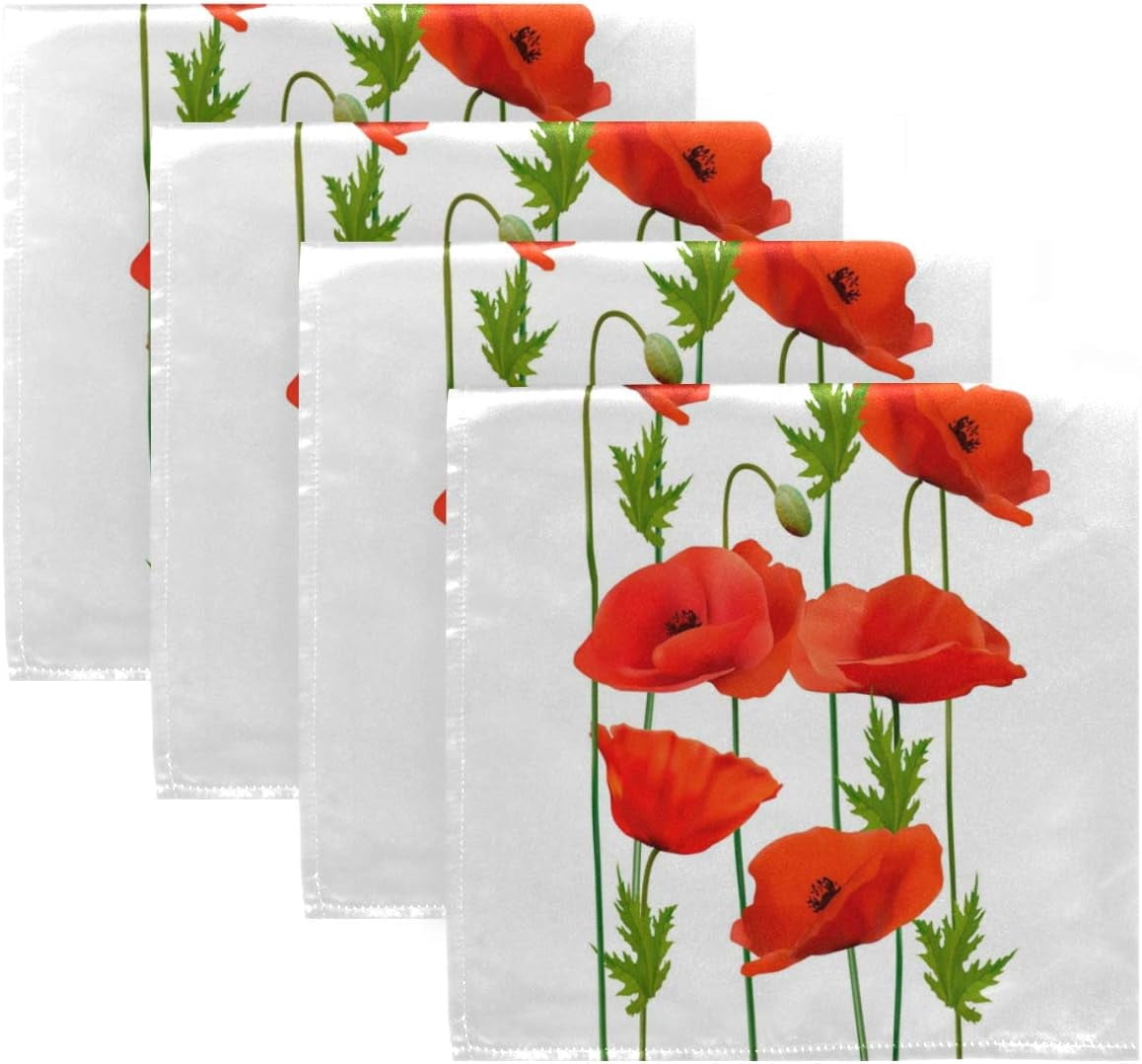 GZHJMY Set of 4 Floral Flowers Pattern Red Poppy Flower with Green Leaf ...