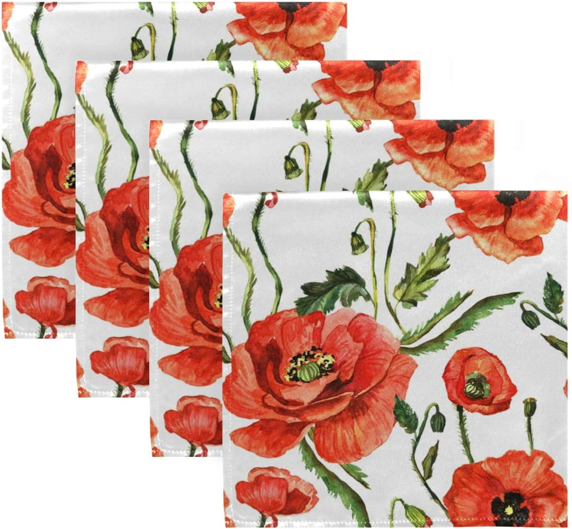 GZHJMY Set of 4 Red Poppy Flower with Green Leaves Branch Wildflower ...