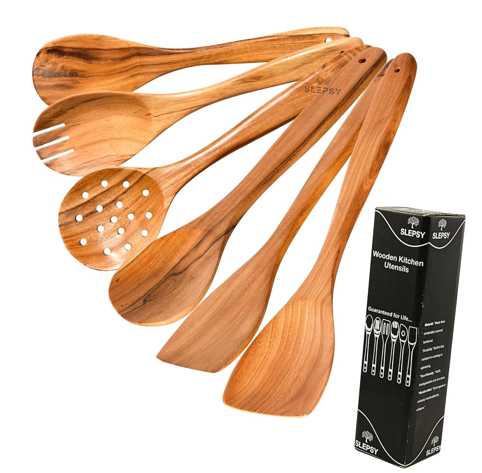 GZHJMY Set of 6 Wood Kitchen Utensils – Smooth, Scratch-Free Wooden ...