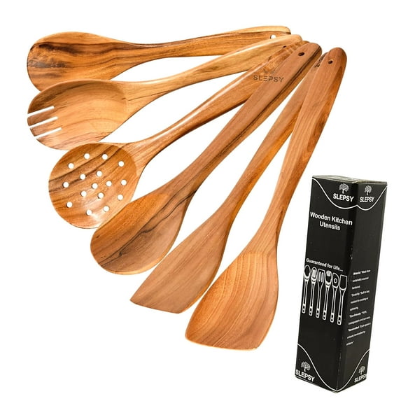 GZHJMY Set of 6 Wood Kitchen Utensils – Smooth, Scratch-Free Wooden ...