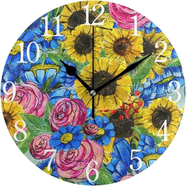 GZHJMY Silent Non Ticking Round Wall Clock, Blue Yellow Sunflower Home ...