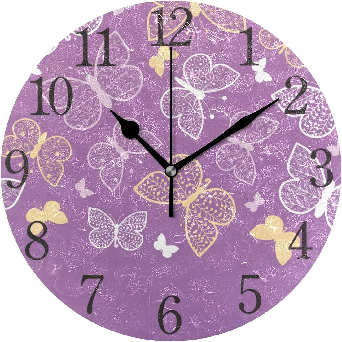 GZHJMY Silent Non Ticking Round Wall Clock, Butterflies Purple Home ...