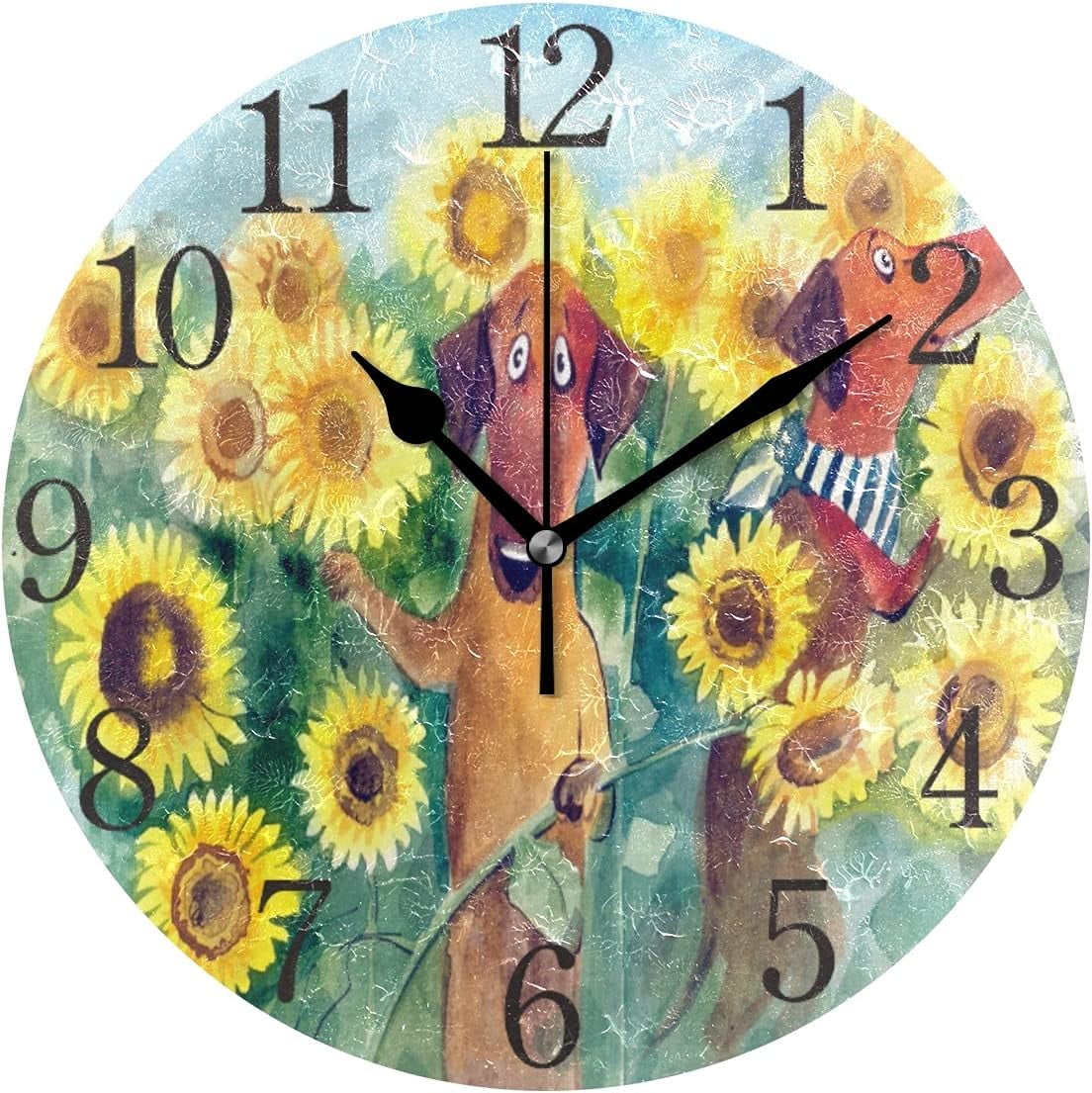 GZHJMY Silent Non Ticking Round Wall Clock, Dogs Dachshunds Sunflowers ...