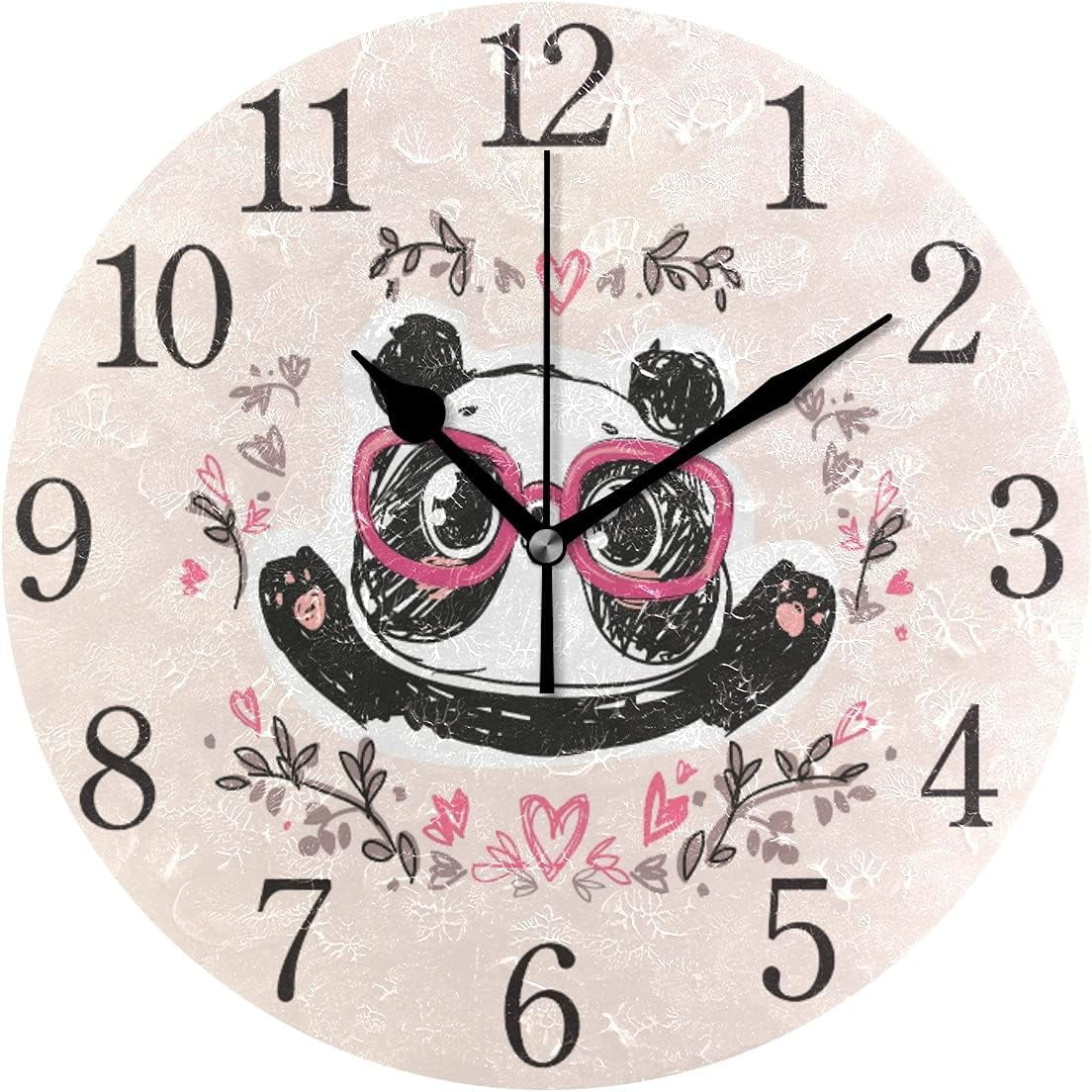 GZHJMY Silent Non Ticking Round Wall Clock, Panda with Glasses Flowers ...