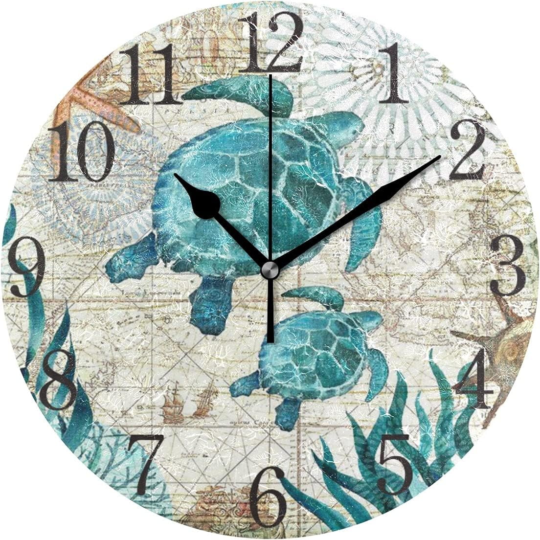 GZHJMY Silent Non Ticking Round Wall Clock, Vintage Ocean Sea Turtle ...