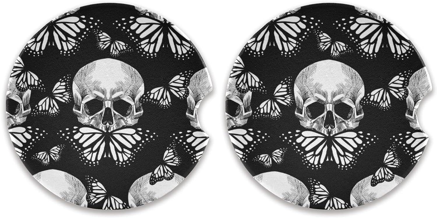 GZHJMY Skull Car Coasters 2 Pieces, Absorbent Ceramic Cork Base Car ...