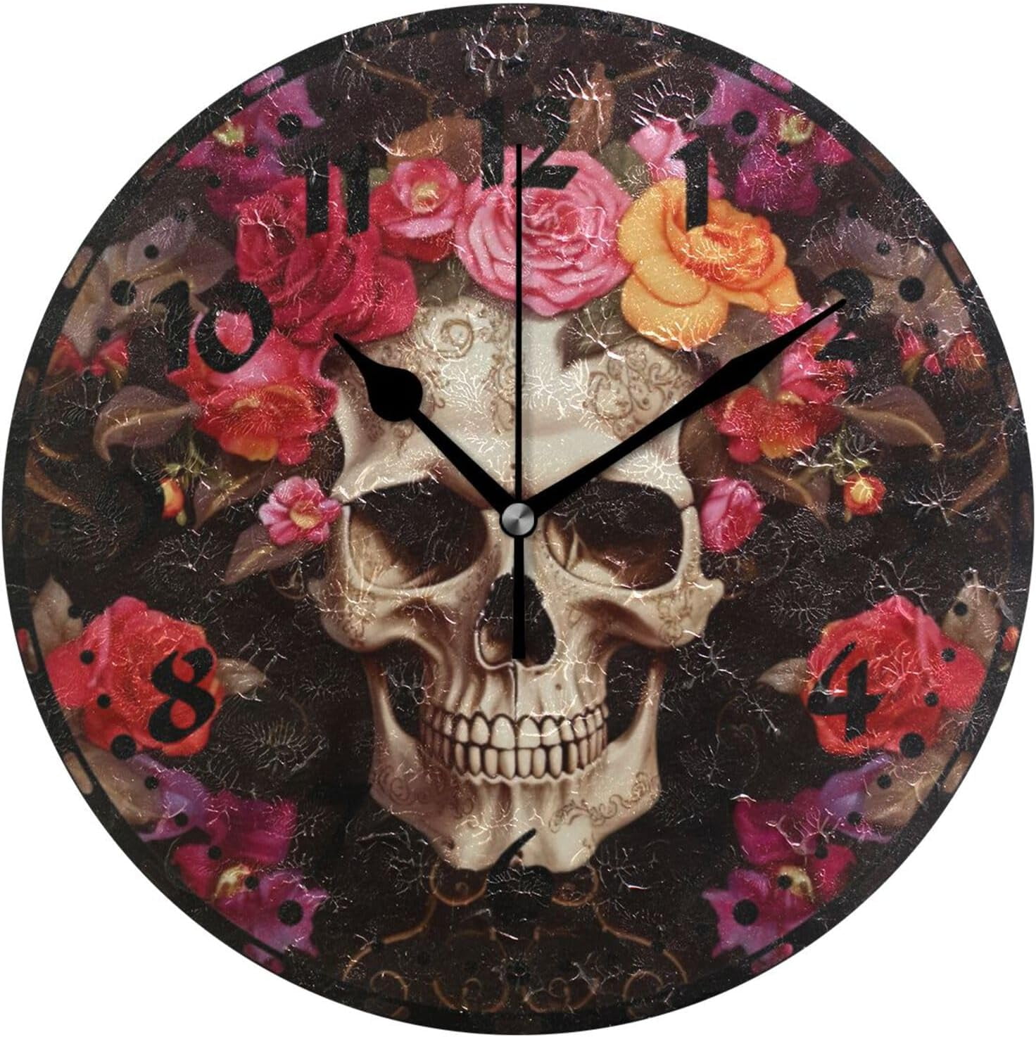 GZHJMY Skull with Flower Crowns Wall Clock, Silent Non Ticking 10 Inch ...
