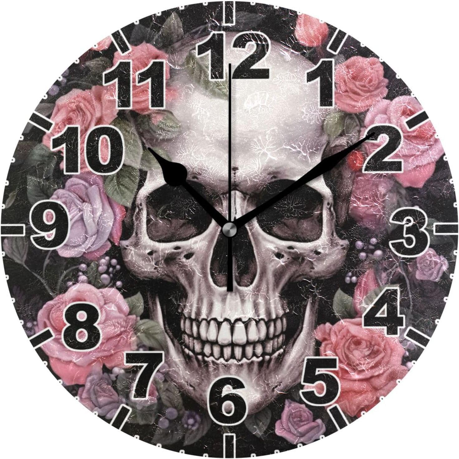 GZHJMY Skull Flowers Round Wall Clock, Battery Operated Silent Non ...