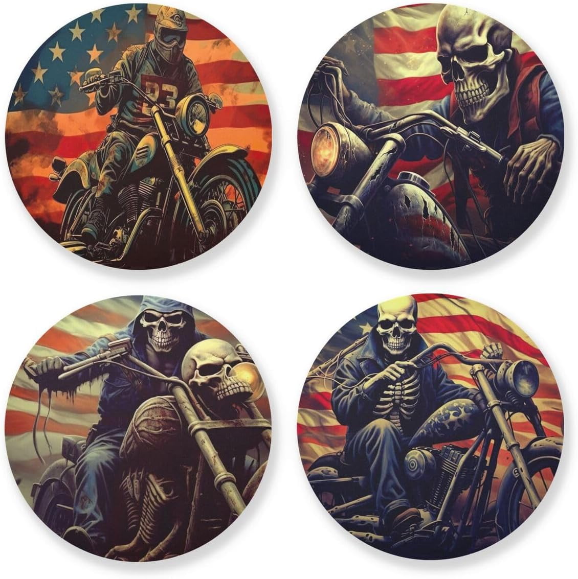 GZHJMY Skull Motorcycle American Flag Coasters for Drinks Absorbent, 4 ...