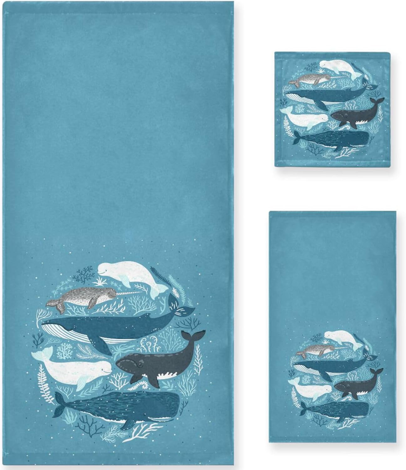 GZHJMY Soft 1 Bath Towel+1 Hand Towel+1 Washcloth, Marine Whales Coral ...