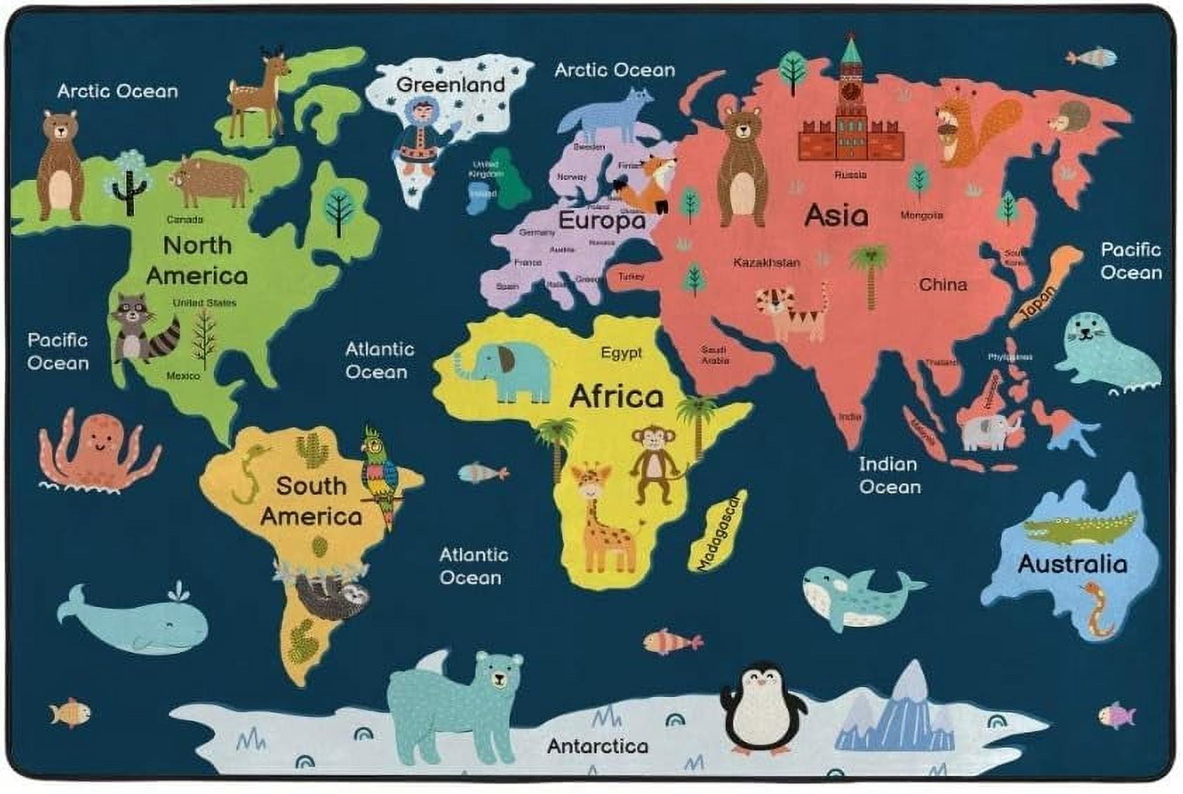 GZHJMY Soft Foam Nursery Rugs World Map with Animals Non Slip Play Mats ...