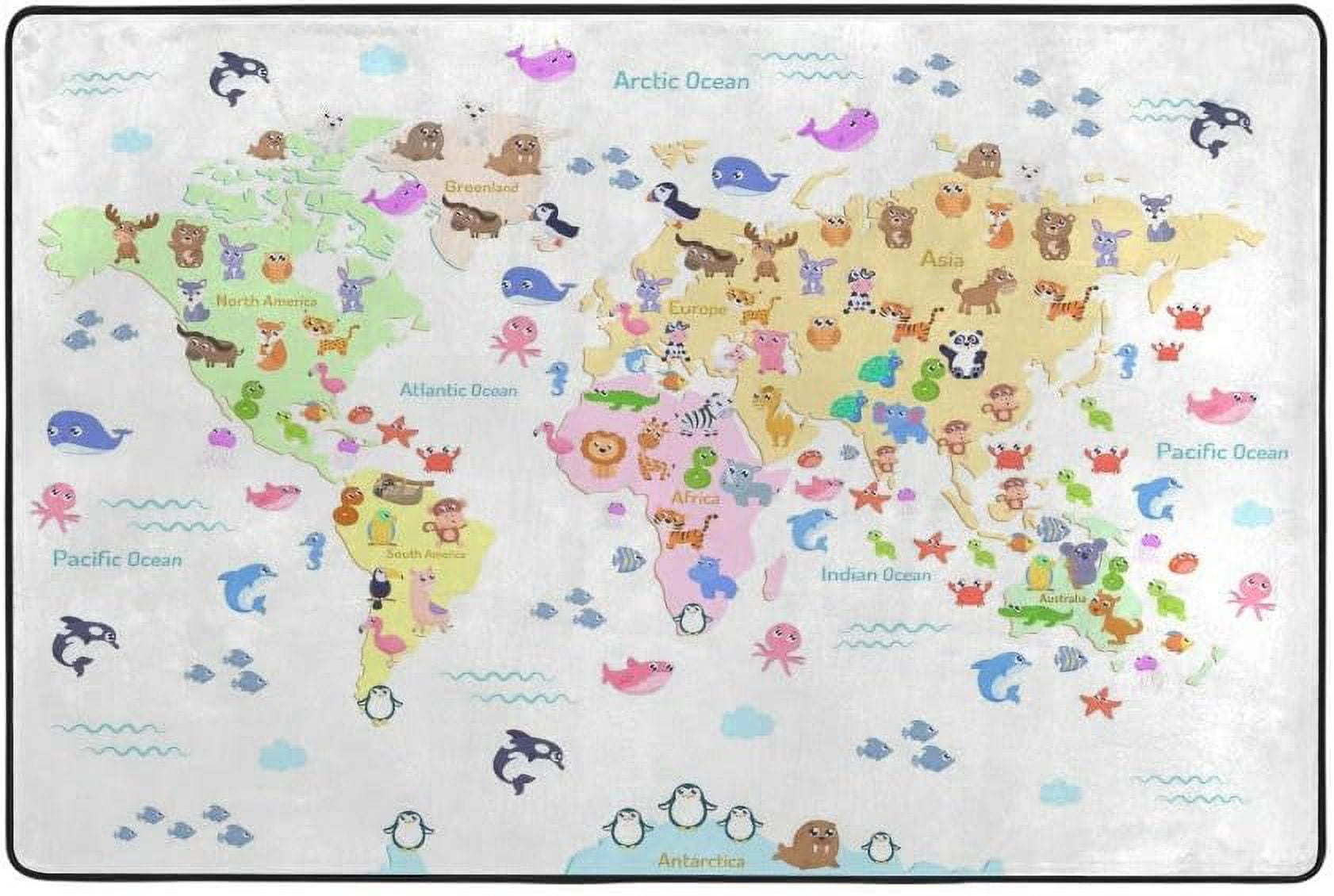 GZHJMY Soft Foam Nursery Rugs World Map with Animals Non Slip Play Mats ...